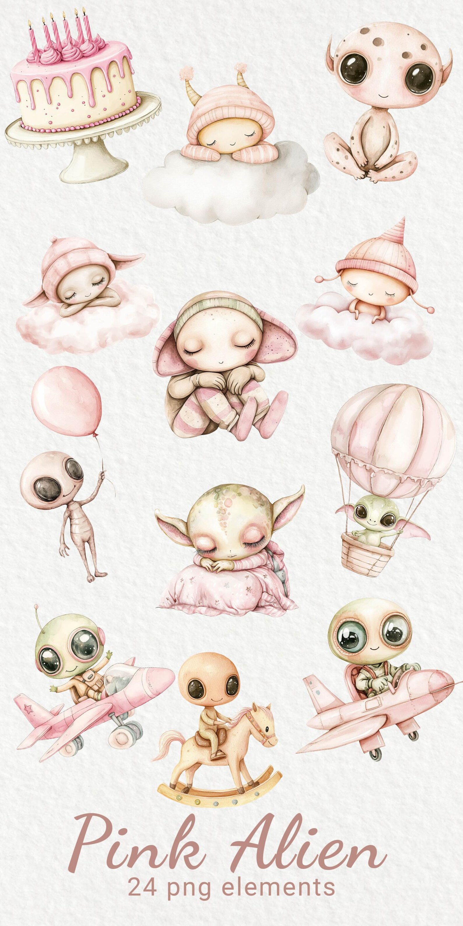 Pink Alien Nursery Watercolor Clipart - 24 PNG Cute Alien, Space Decor ...