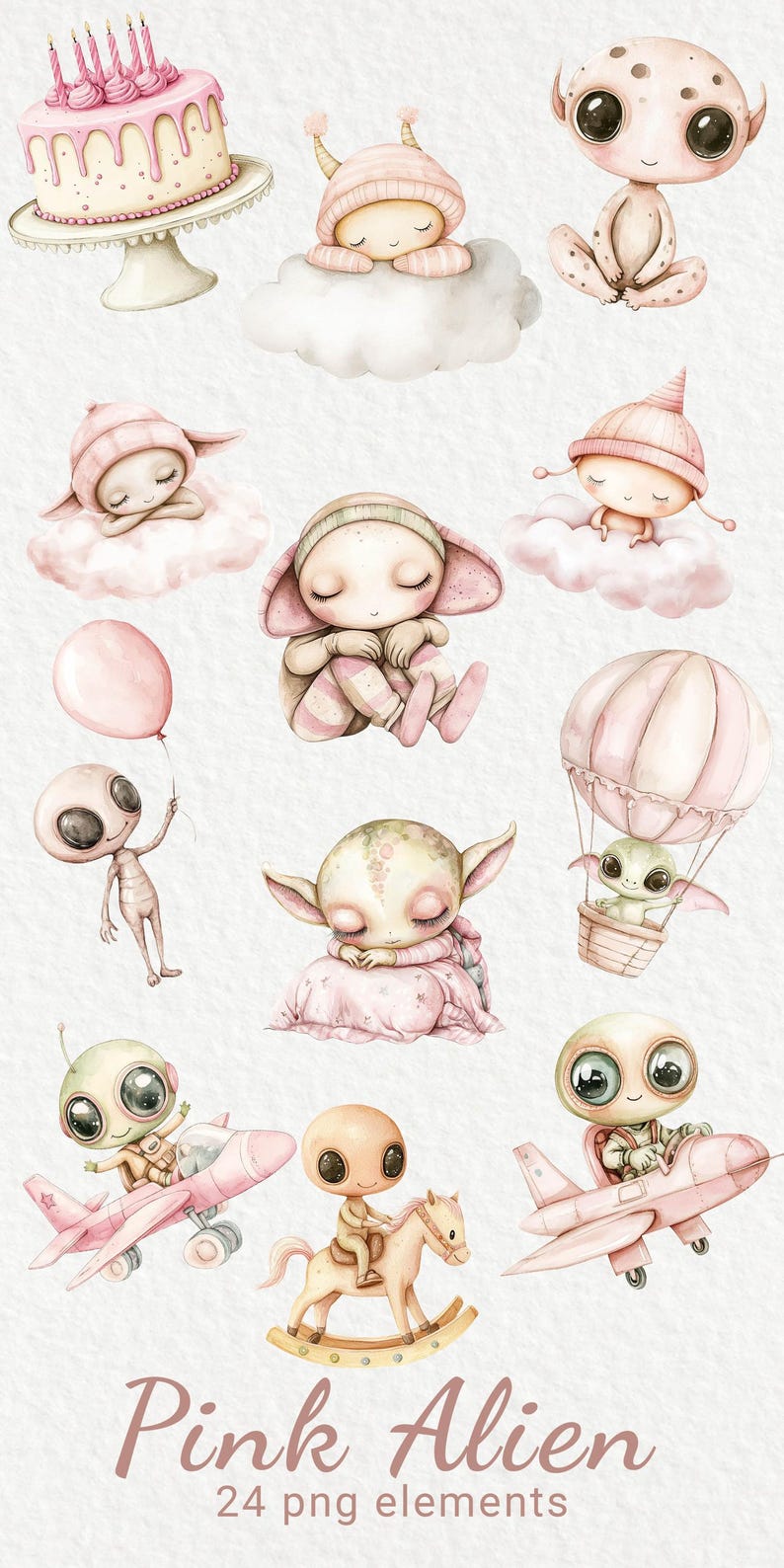 Pink Alien Nursery Watercolor Clipart - 24 PNG Cute Alien, Space Decor ...