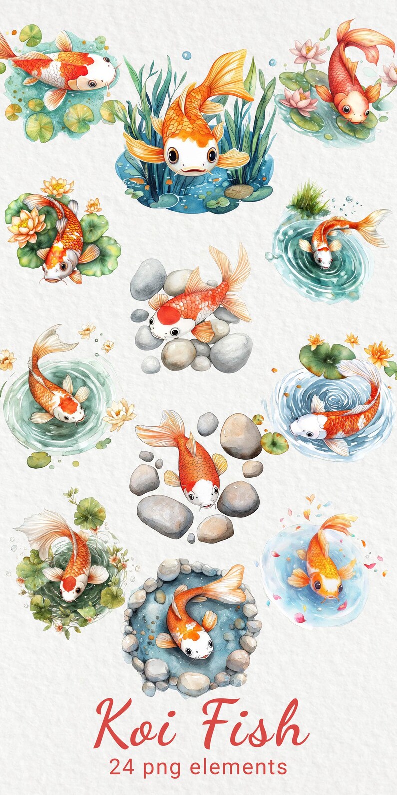 Koi Fish Clipart - 24 PNG Cute Watercolor Koi Fish Clip Art, Digital ...