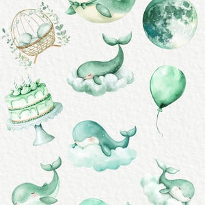 Green Whale Nursery Watercolor Clipart - 24 PNG Cute Marine Decor Clip ...