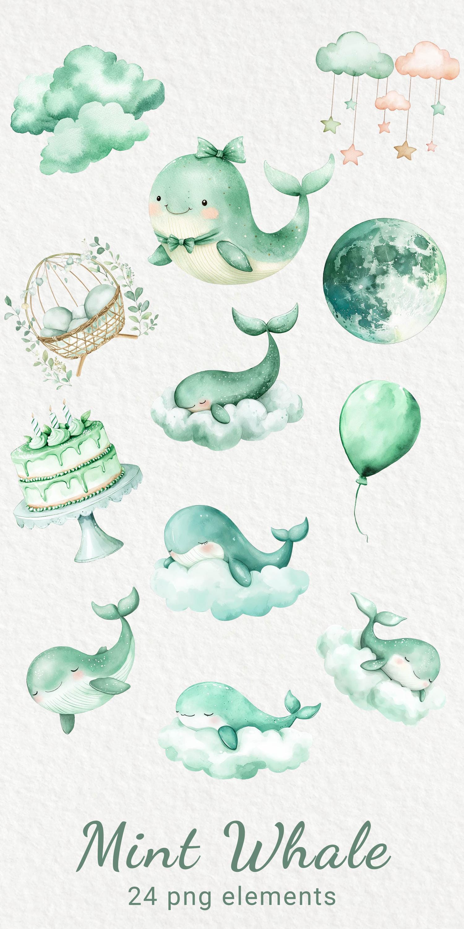 Green Whale Nursery Watercolor Clipart - 24 PNG Cute Marine Decor Clip ...
