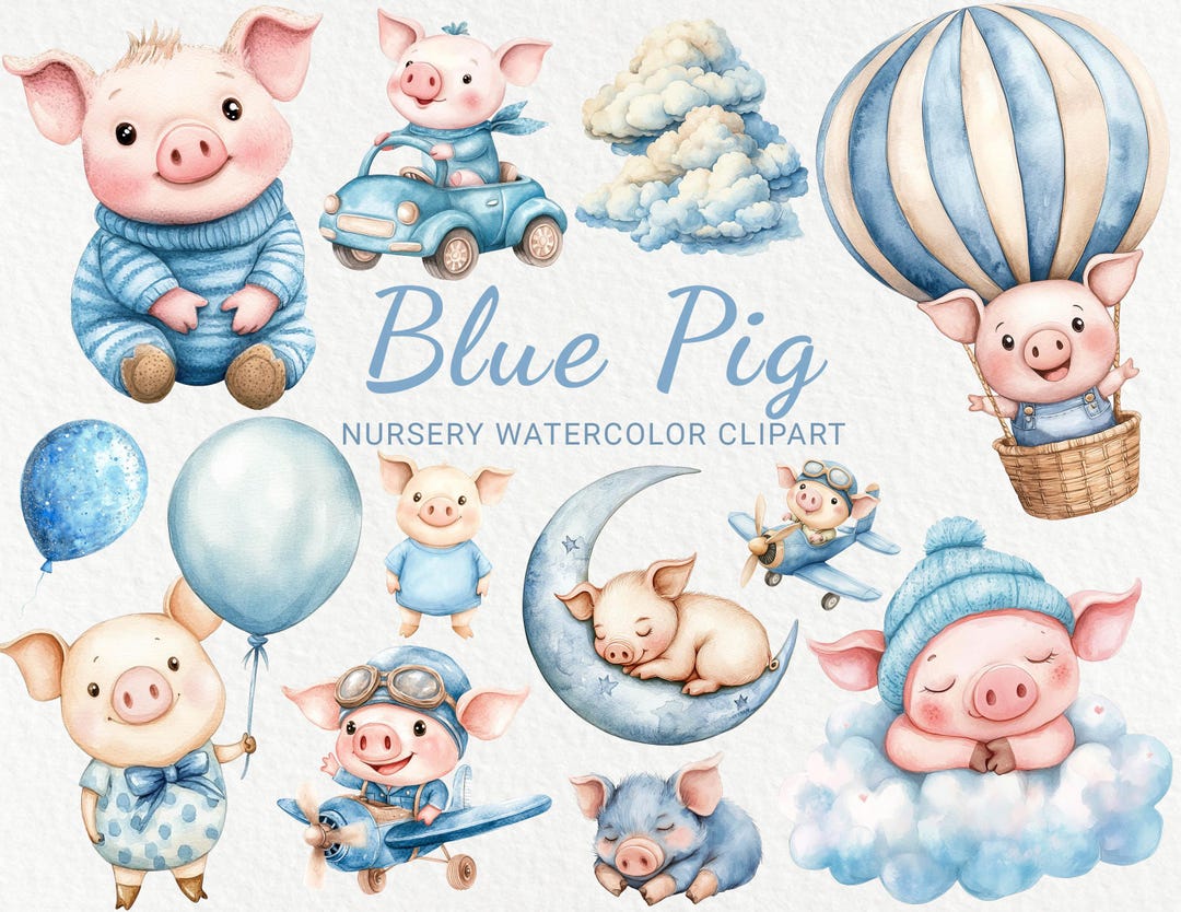 Blue Pig Watercolor Clipart - 24 PNG Cute Hog, Animals Decor, Nursery ...