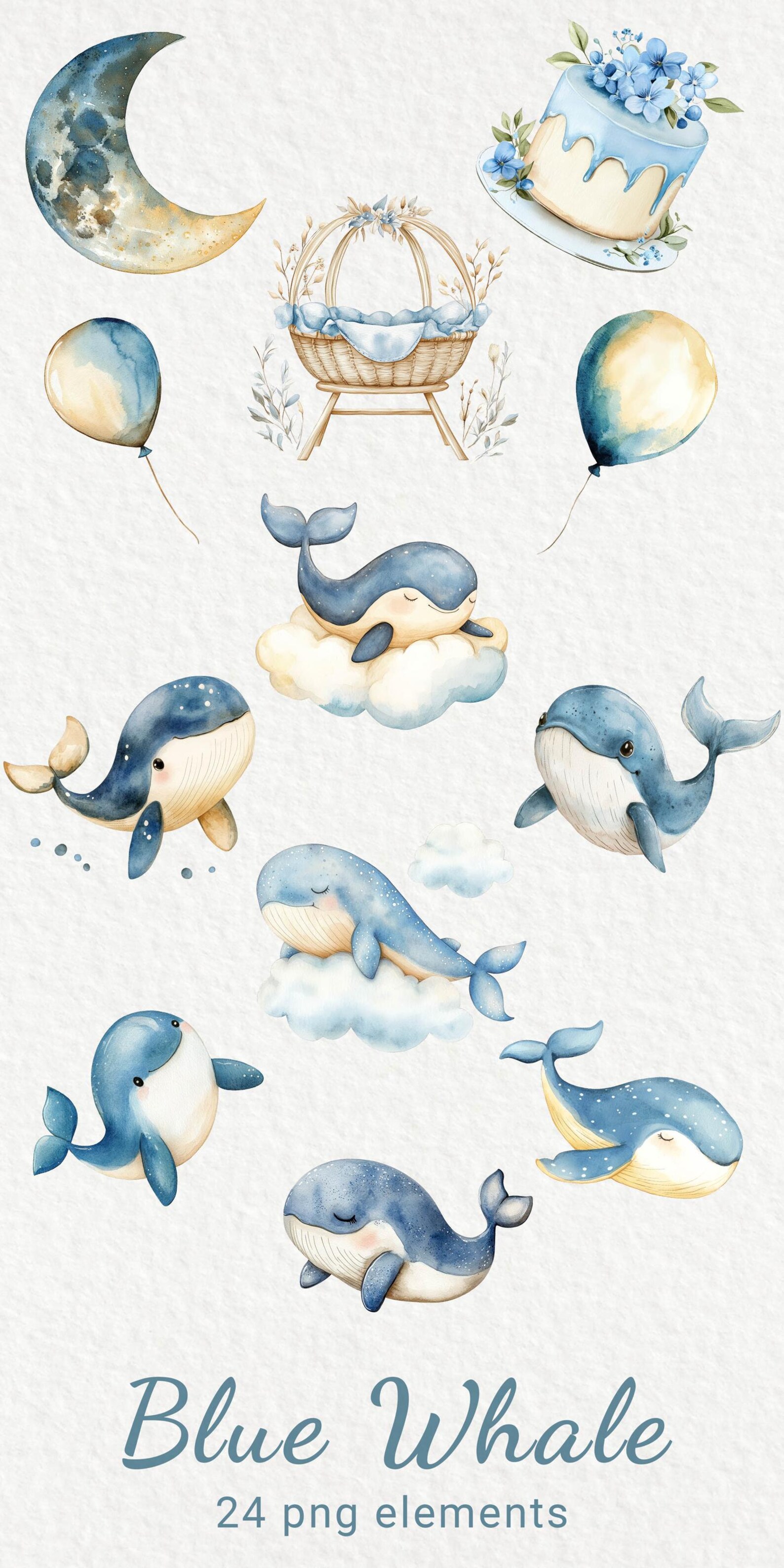 Blue Whale Nursery Watercolor Clipart - 24 PNG Cute Marine Decor Clip ...