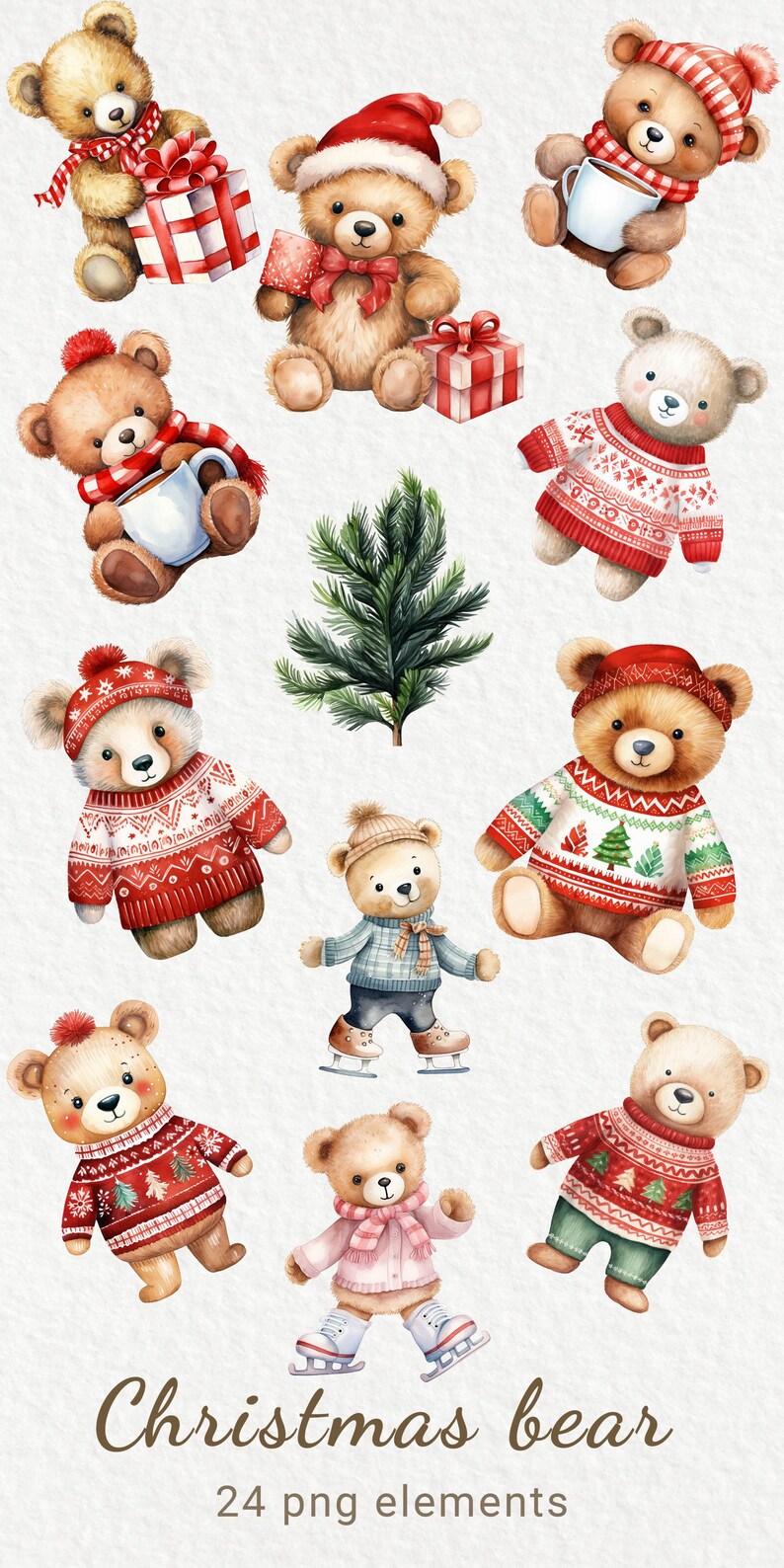 Christmas Bear Watercolor Clipart - 24 PNG Winter Decor Images, Animals ...