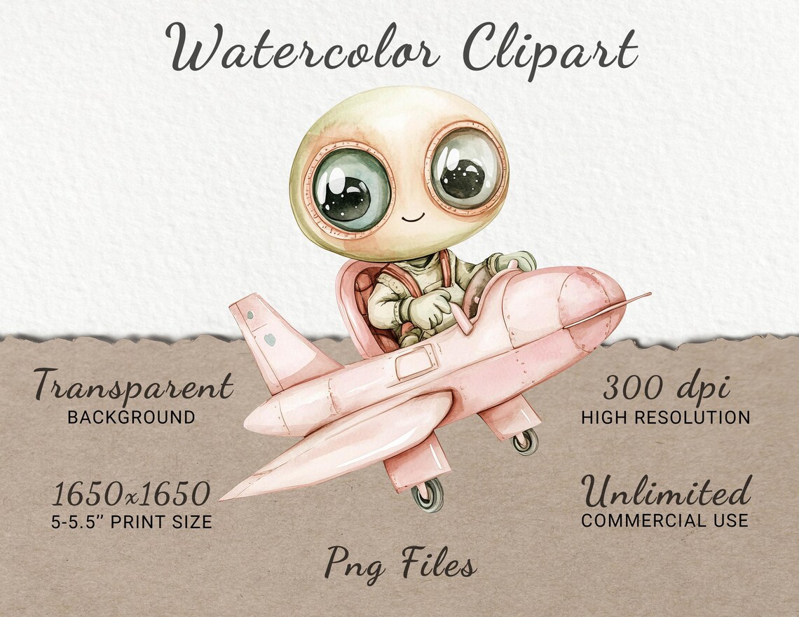 Pink Alien Nursery Watercolor Clipart - 24 PNG Cute Alien, Space Decor ...