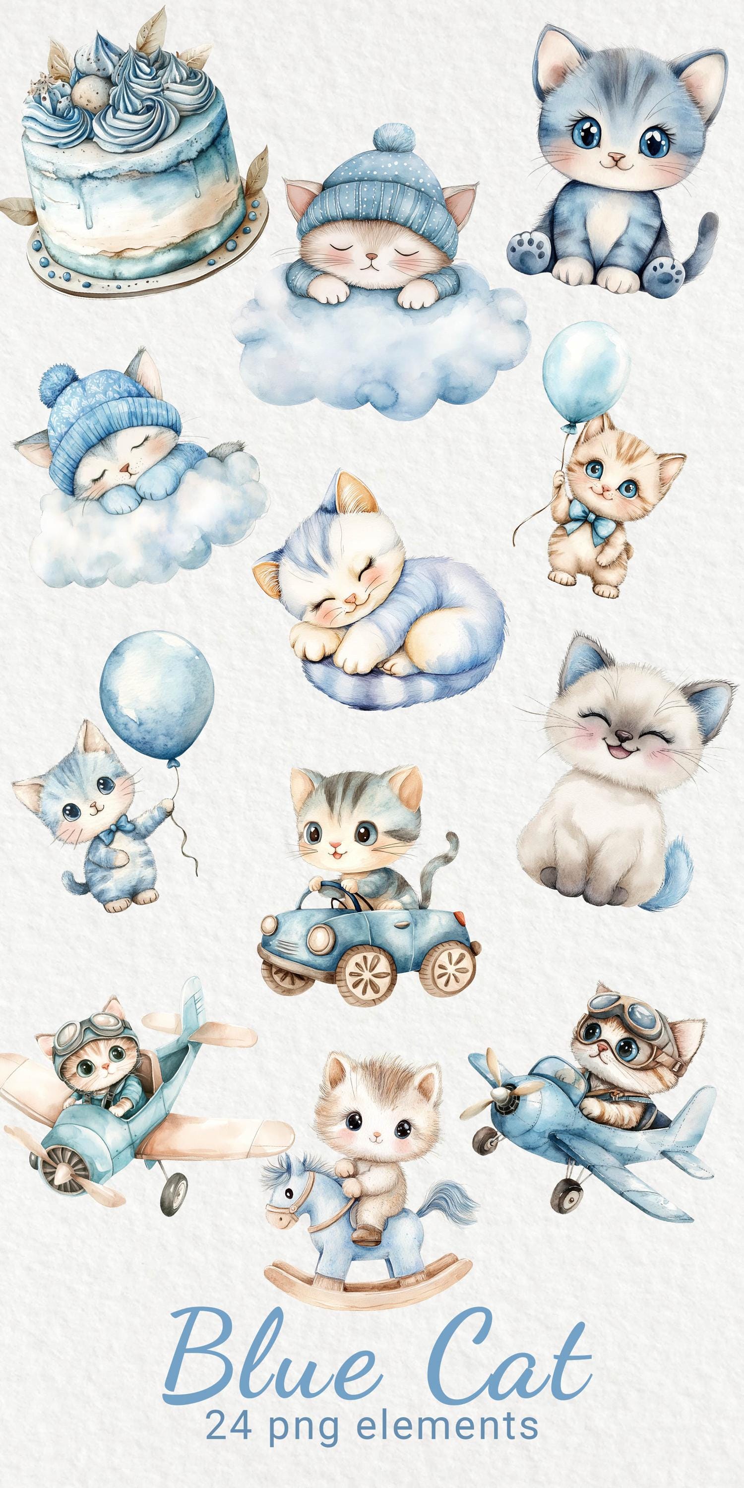 Blue Cat Watercolor Clipart - 24 PNG Cute Fairy Animals Decor, Baby ...