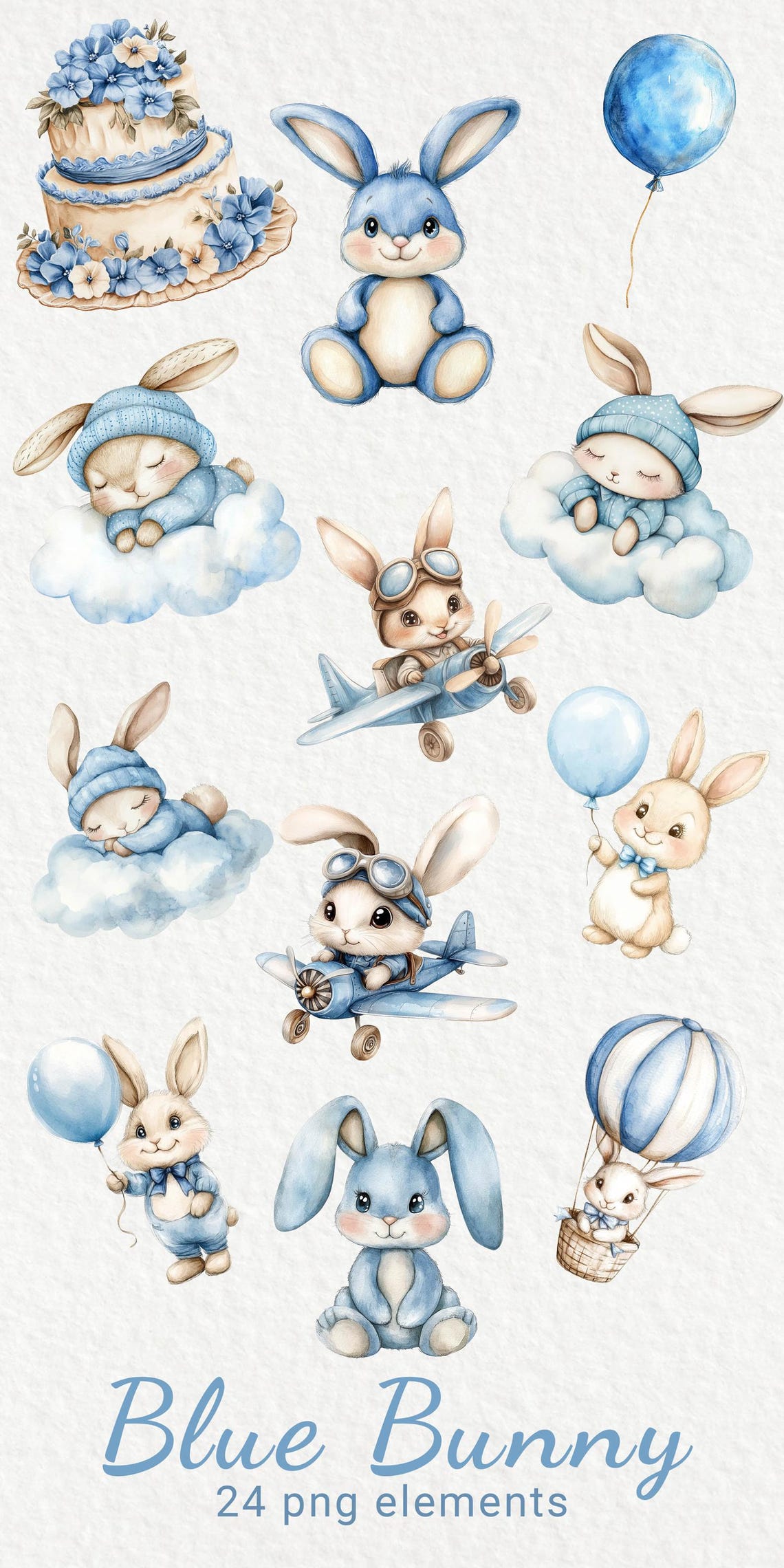 Blue Bunny Watercolor Clipart - 24 PNG Nursery Cute Fairy Animals ...