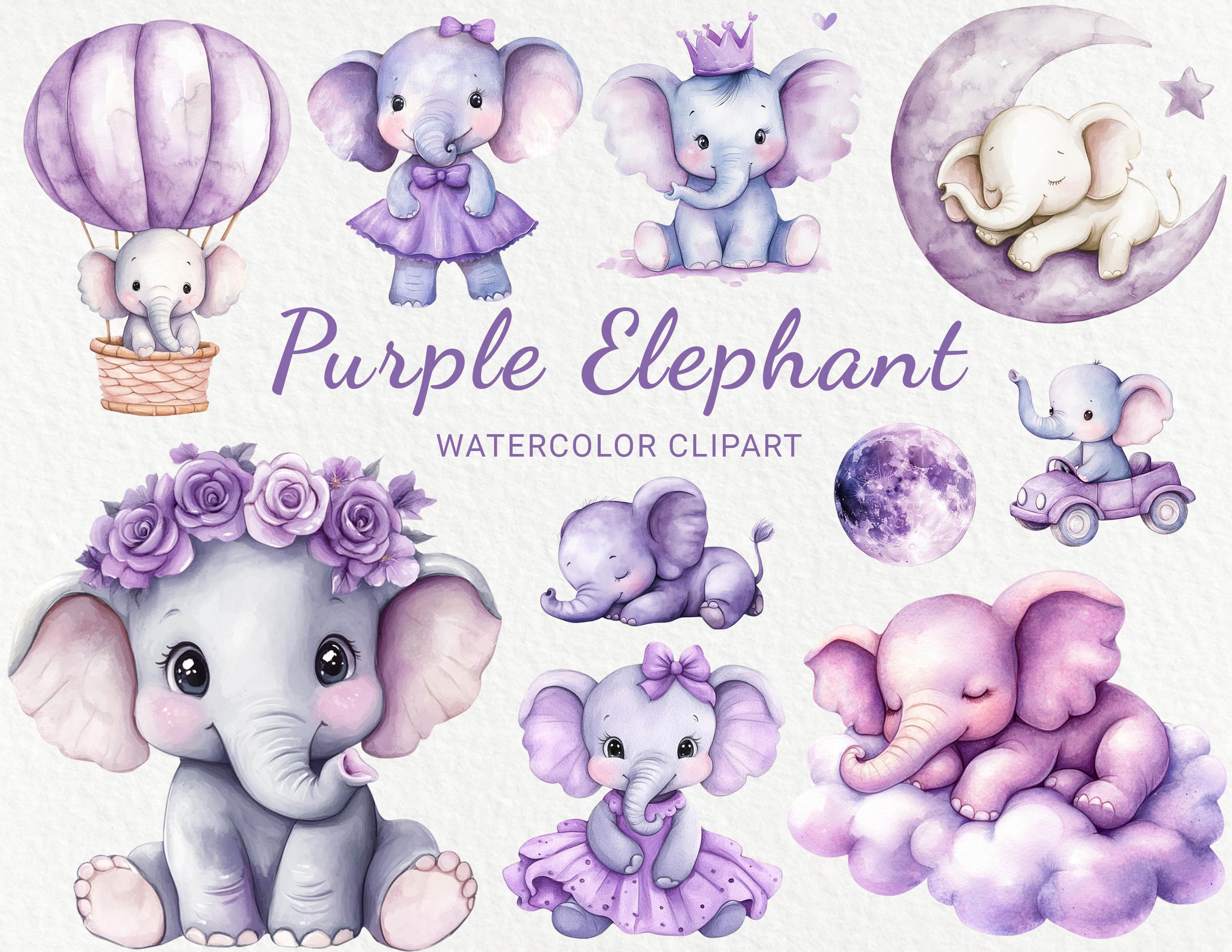 Purple Elephant Nursery Watercolor Clipart - 24 PNG Safari Animals in ...
