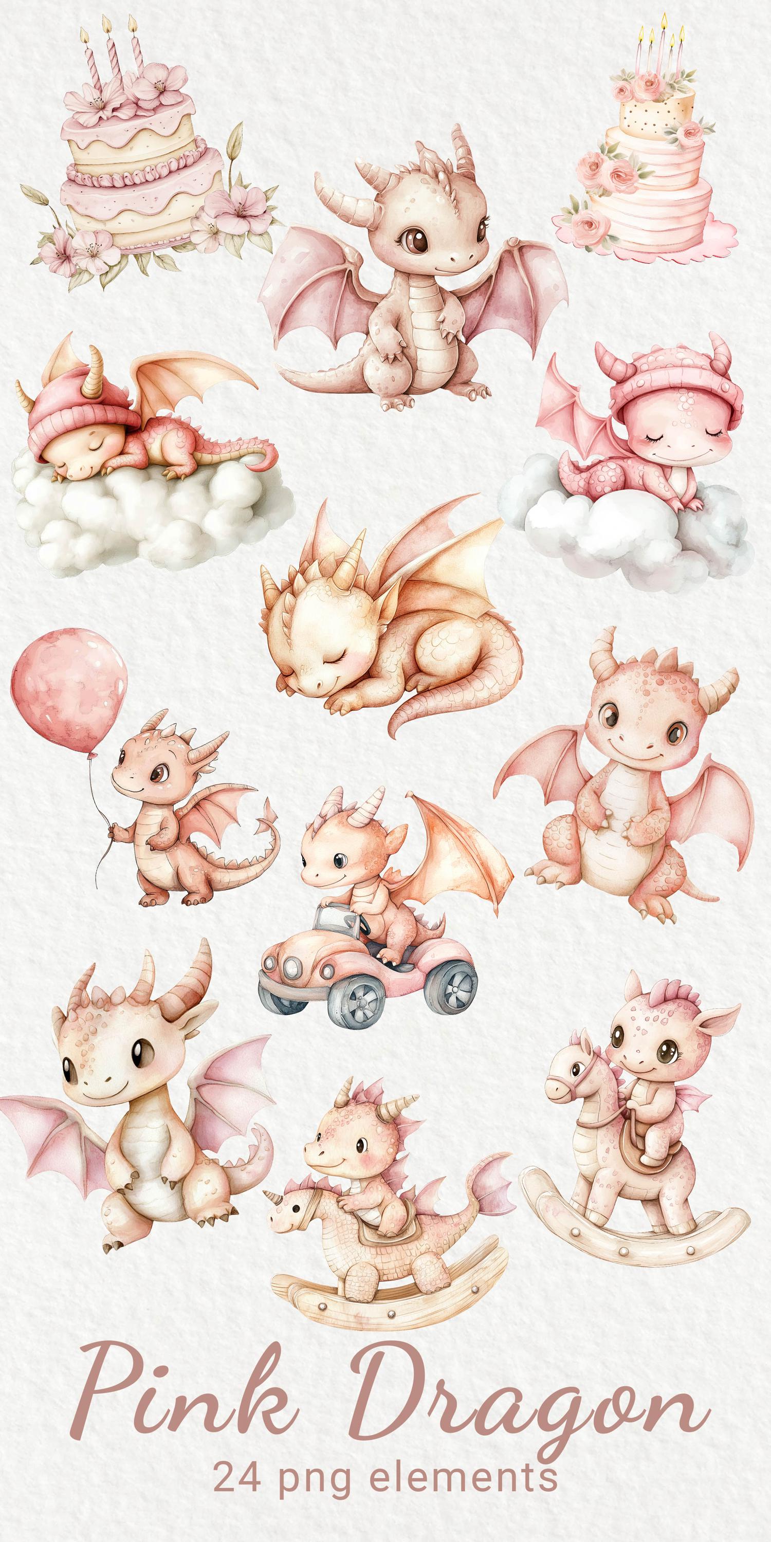 Pink Dragon Nursery Watercolor Clipart - 24 PNG Cute Fairy Сreature ...