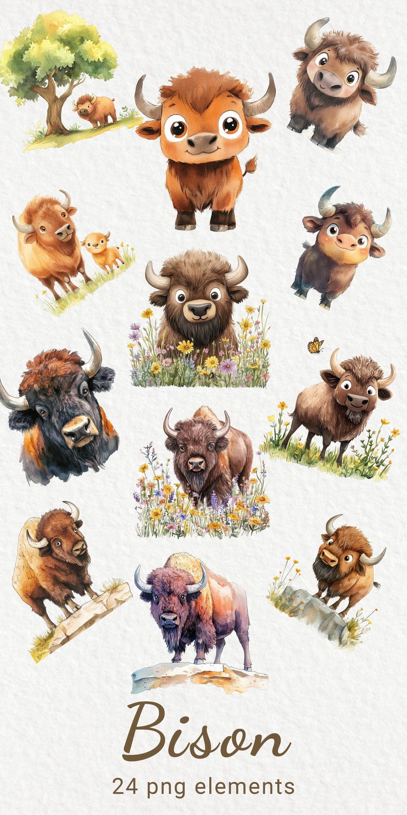Bison Clipart - 24 PNG Watercolor Baby Bison Clip Art, Funny Animals ...