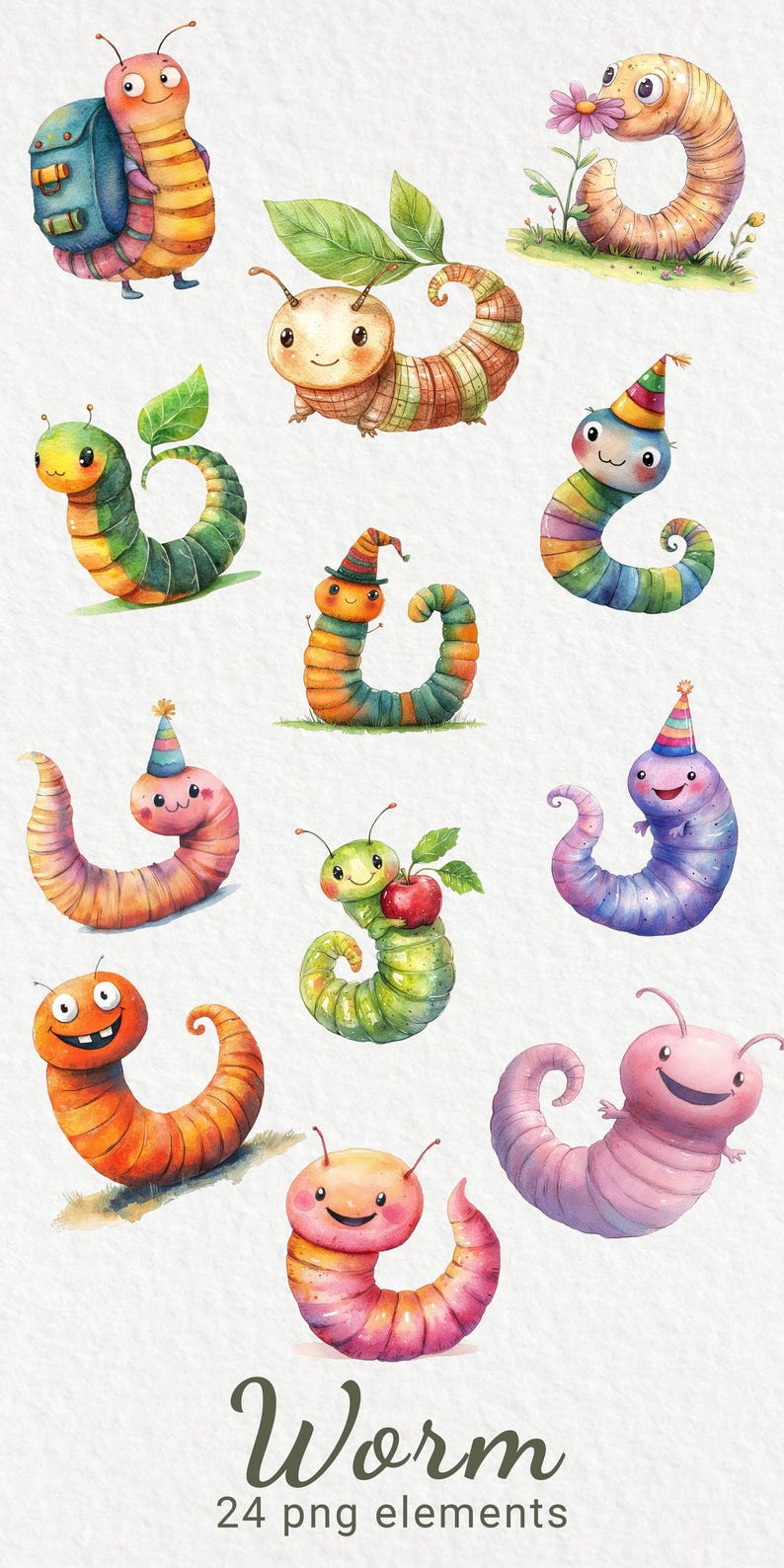 Worm Watercolor Clipart - 24 PNG Cute Insects Clip Art, Funny Worms ...