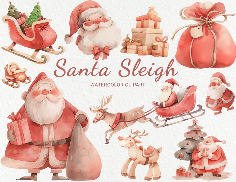 Santa's Sleigh Watercolor Clipart - 24 PNG Winter Decor Images, Xmas ...