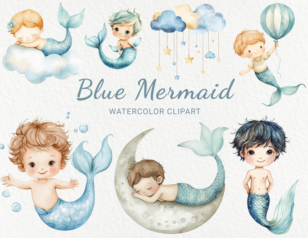 Blue Mermaid Clipart - 24 PNG Watercolor Boy Mermaid Clip Art, Funny ...
