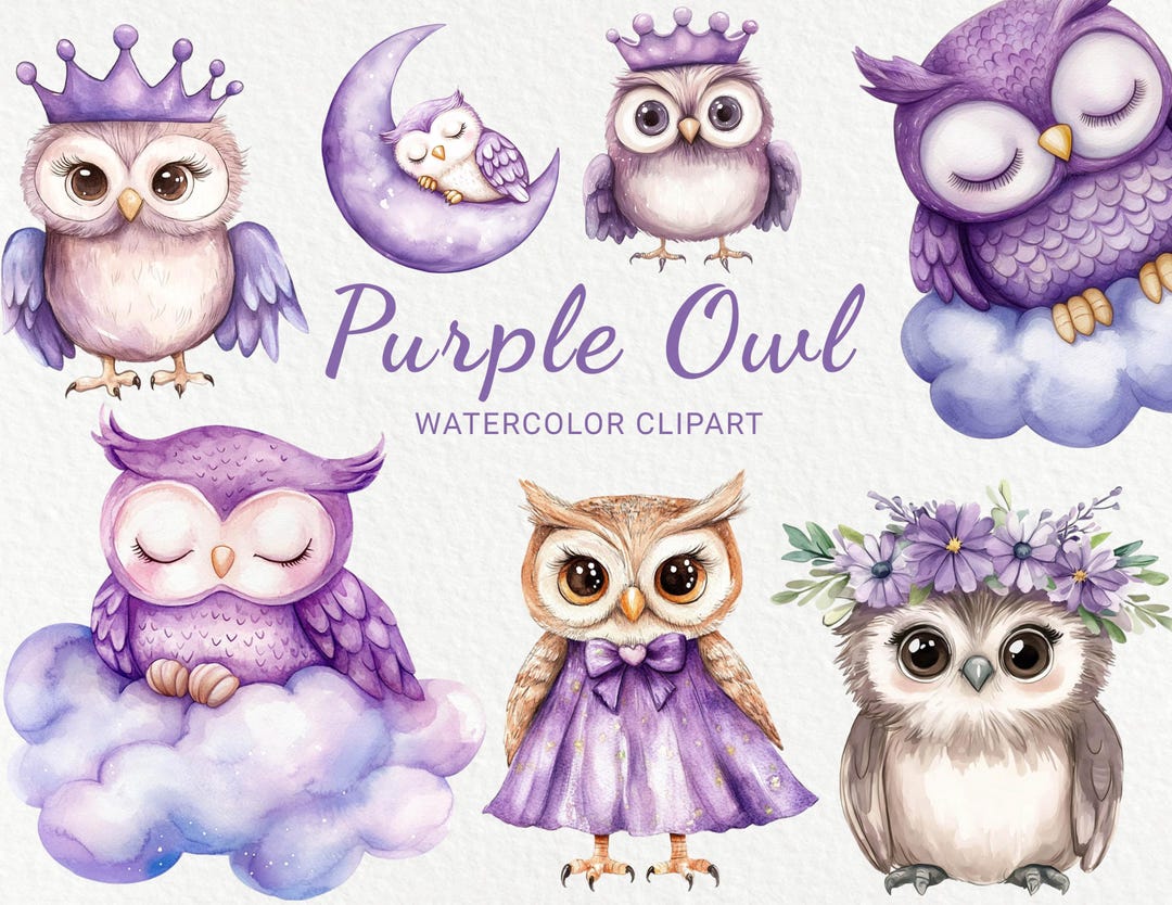 Purple Owl Watercolor Clipart – Nursery Decor, Baby Shower (digital ...