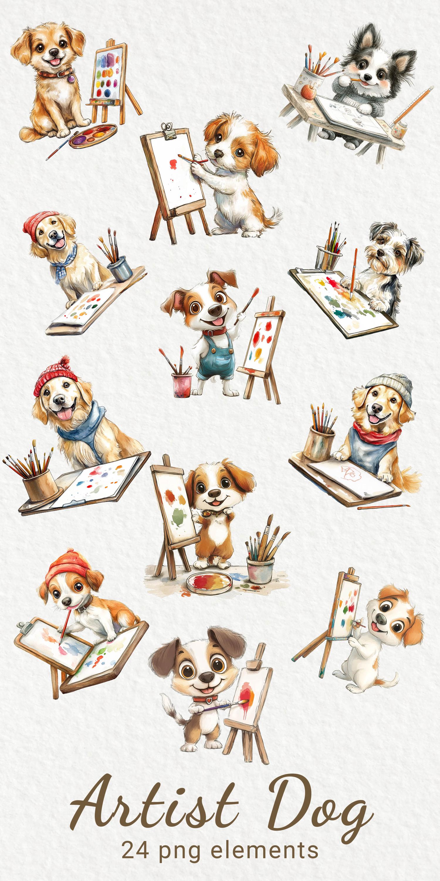 Artist Dog Watercolor Clipart - 24 PNG Cute Dog Painter, Nursery Decor ...
