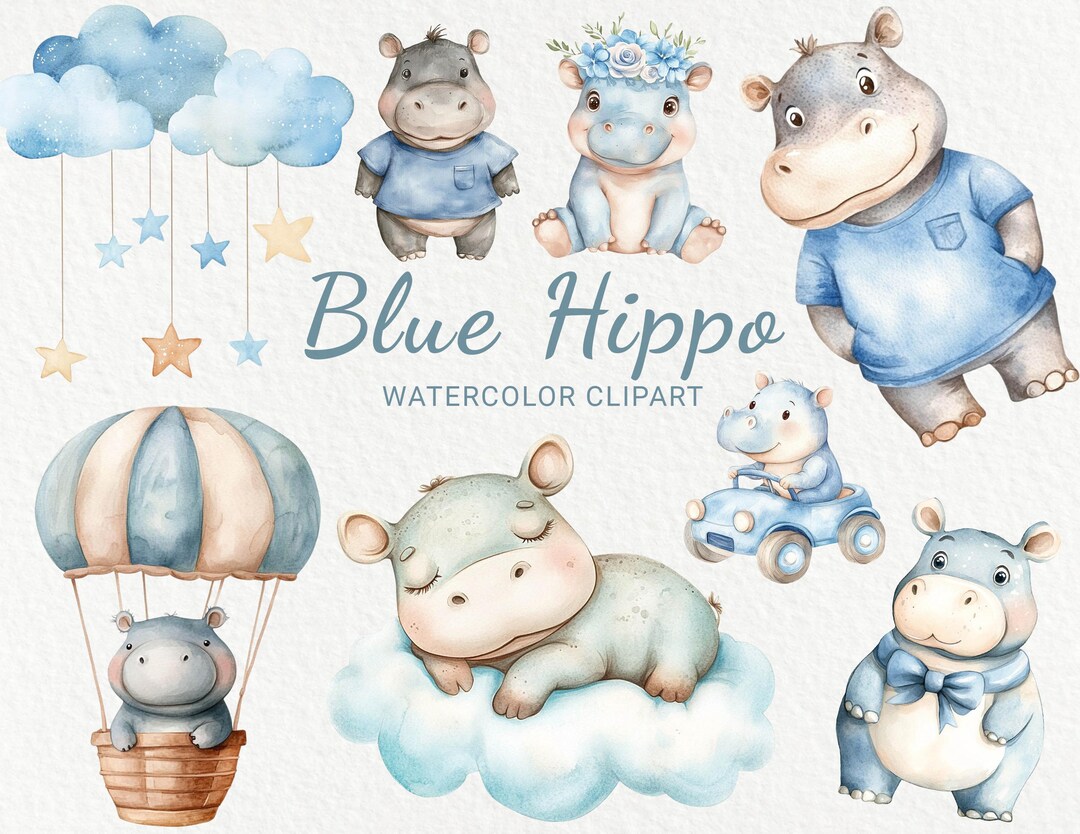 Blue Hippo Watercolor Clipart - 24 PNG Baby Hippo Images, Funny Safari ...