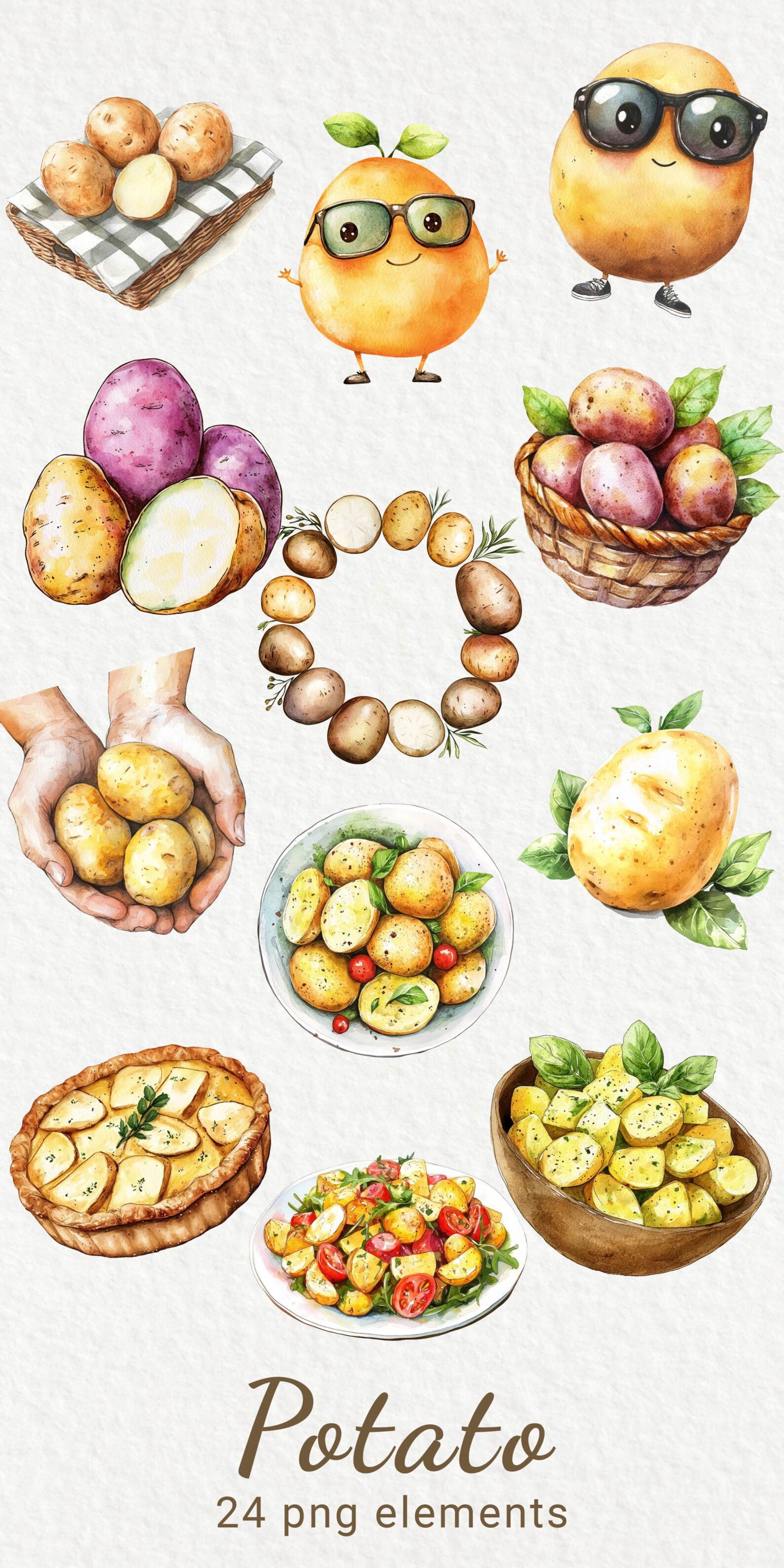 Potato Watercolor Clipart - 24 PNG Funny Potato Illustration, Cool ...