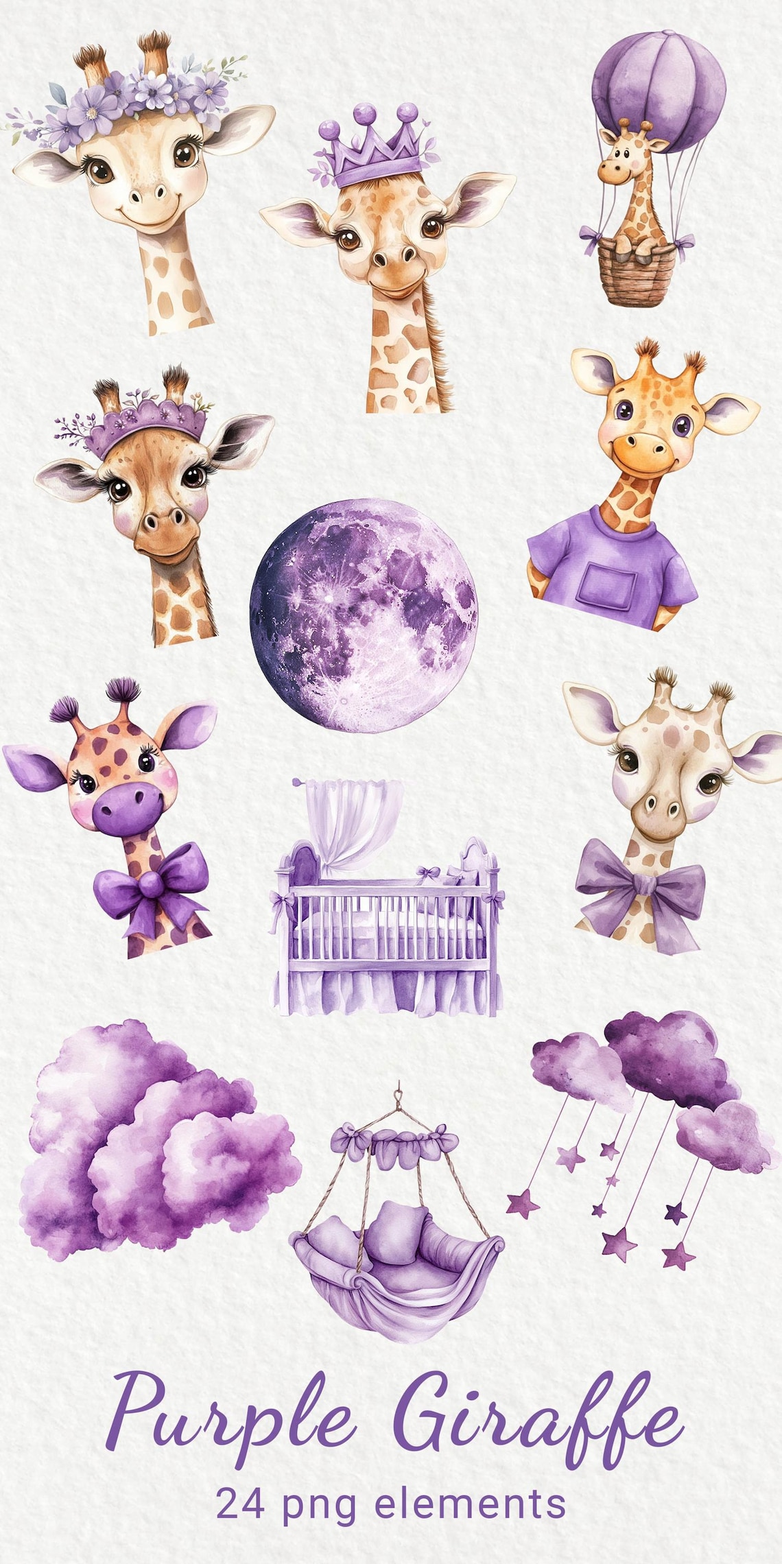 Purple Giraffe Watercolor Clipart - 24 PNG Cute Safari Wall Art ...