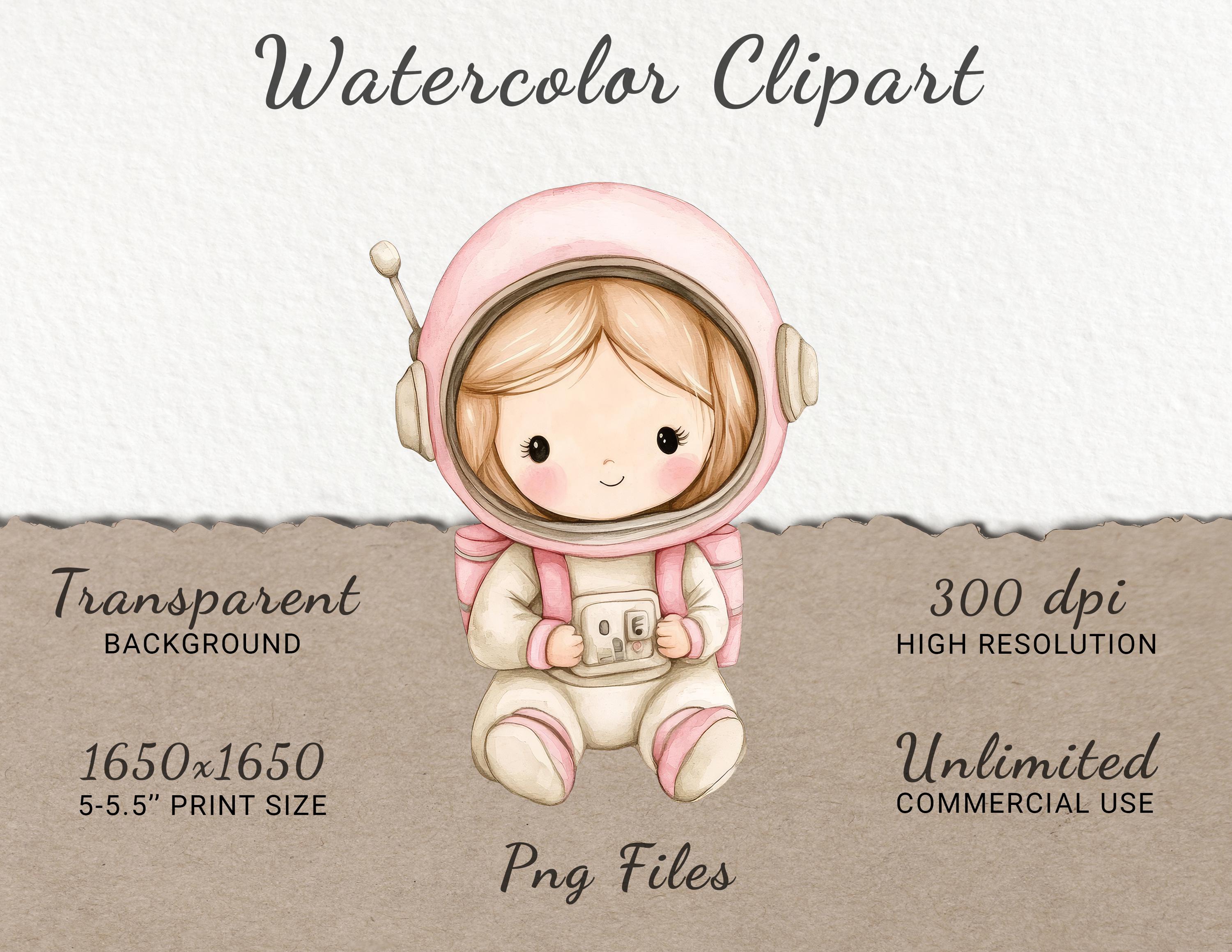 Pink Astronaut Watercolor Clipart - 24 PNG Space Decor, Rose Nursery ...