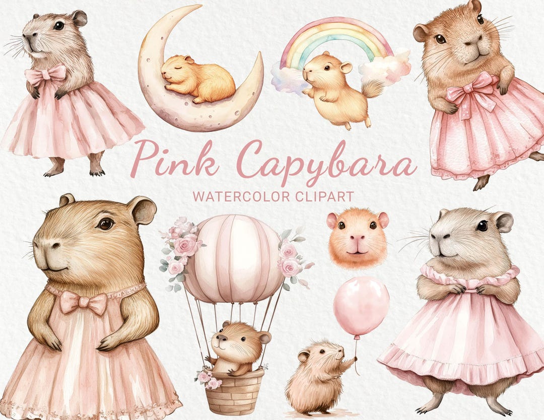 Pink Capybara Nursery Watercolor Clipart - 24 PNG Cute Capybara ...