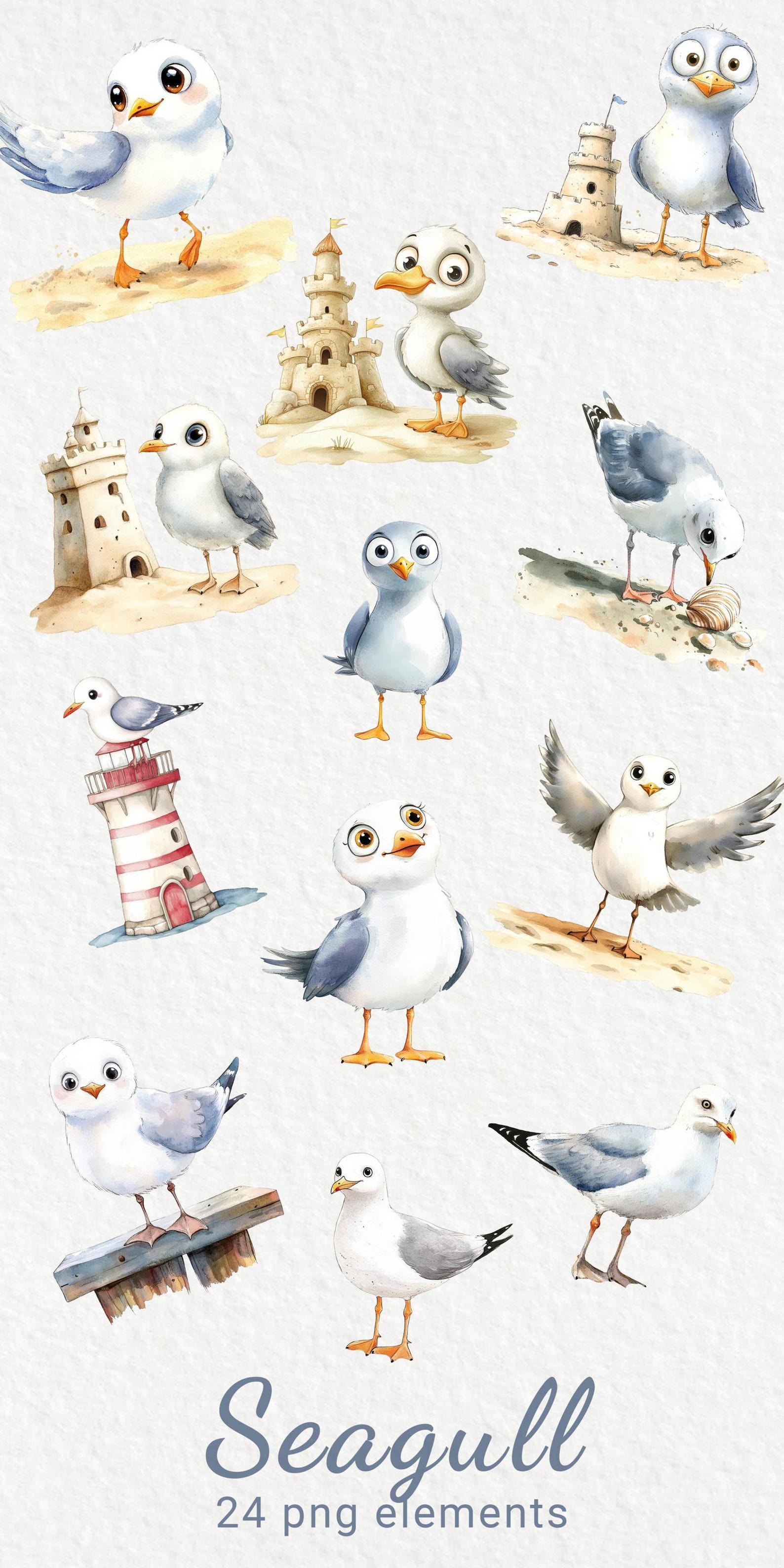 Seagull Watercolor Clipart - 24 PNG Seagull Clip Art, Sea Printable ...
