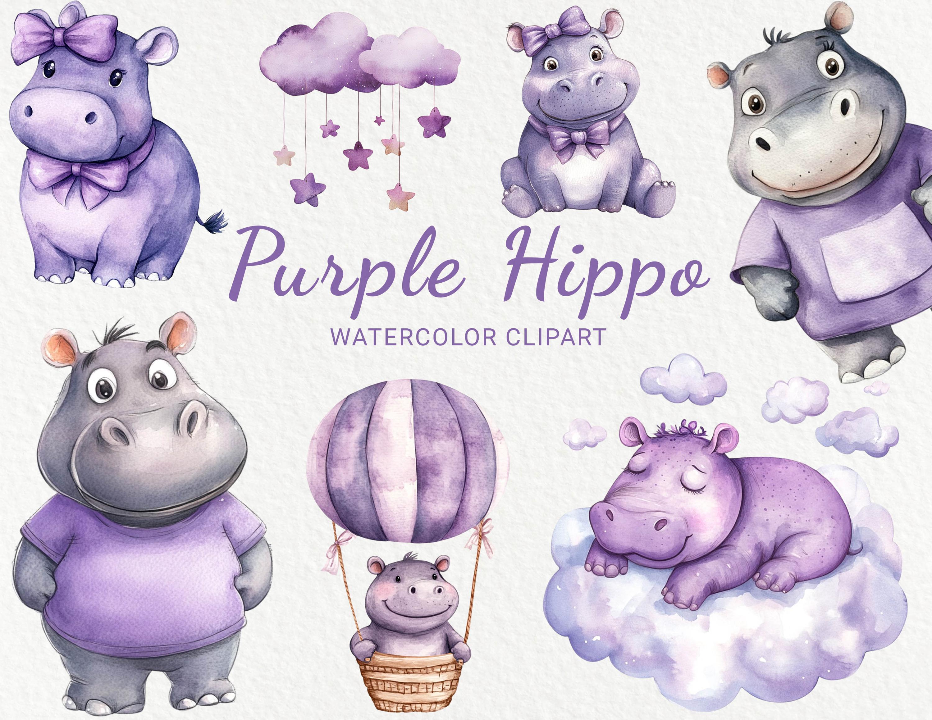 Purple Hippo Watercolor Clipart - 24 PNG Cute Safari Hippopotamus ...