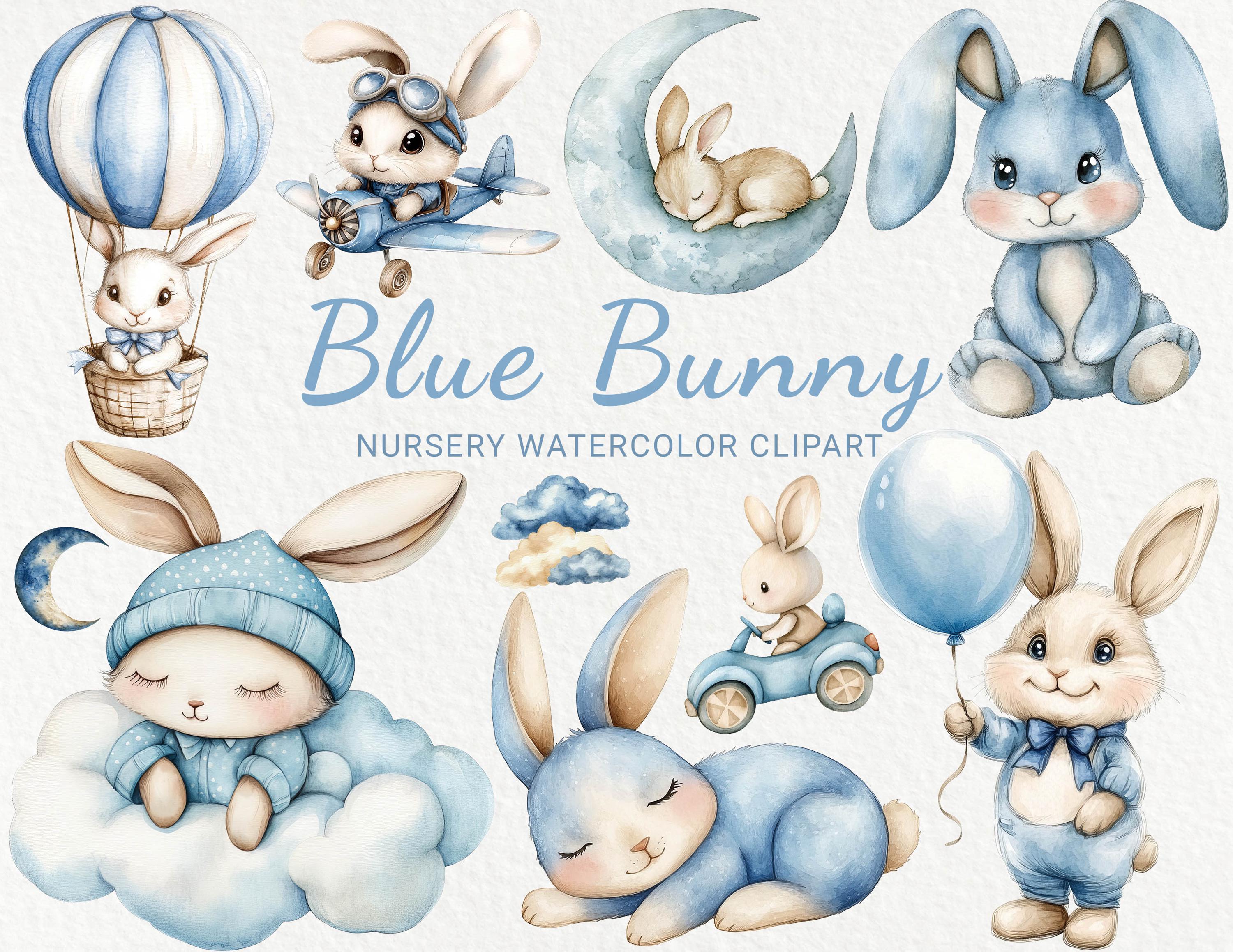 Blue Bunny Watercolor Clipart - 24 PNG Nursery Cute Fairy Animals ...