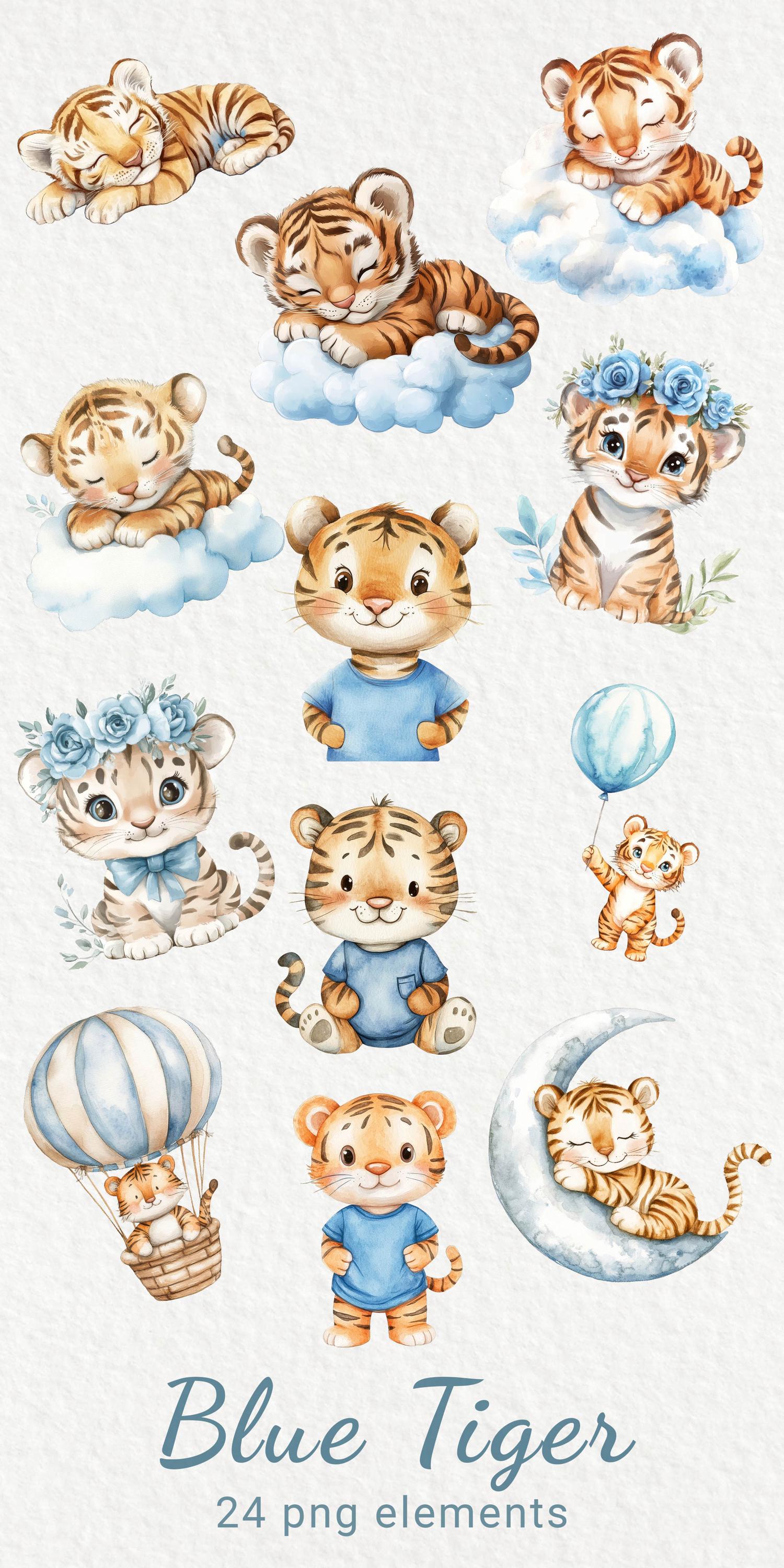 Tiger Blue Nursery Watercolor Clipart - 24 PNG Safari Animals Decor ...