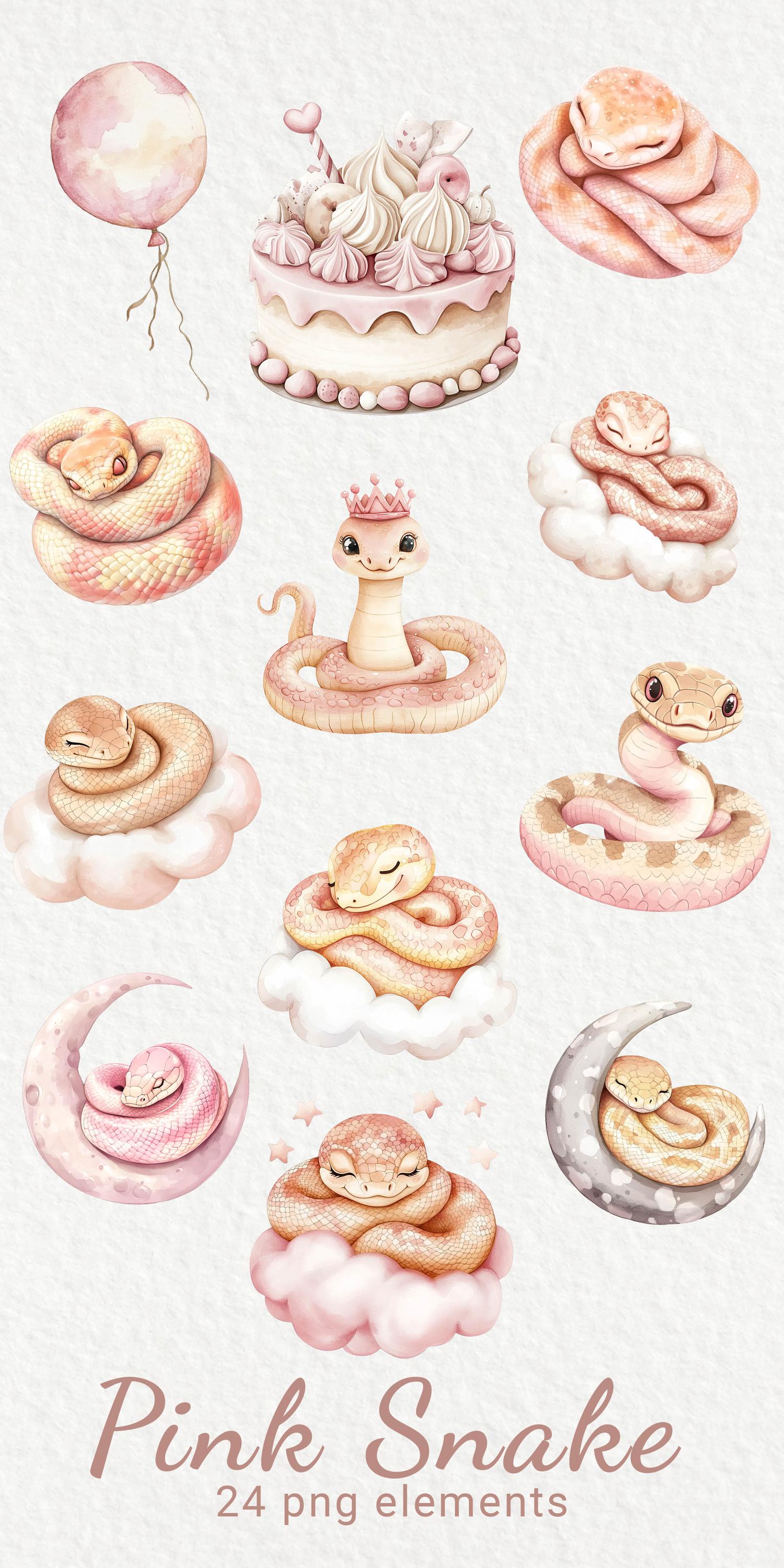 Pink Snake Nursery Watercolor Clipart - 24 PNG Cute Snake, Animals ...