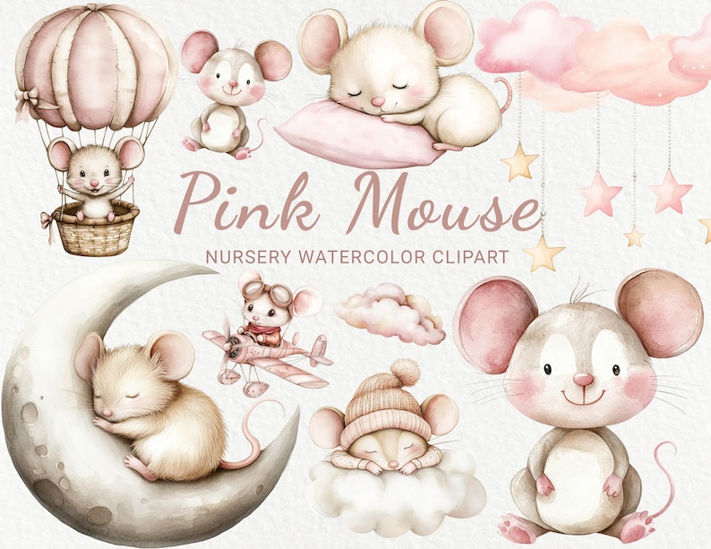 Pink Mouse Nursery Watercolor Clipart - 24 PNG Cute Fairy Animals Decor ...