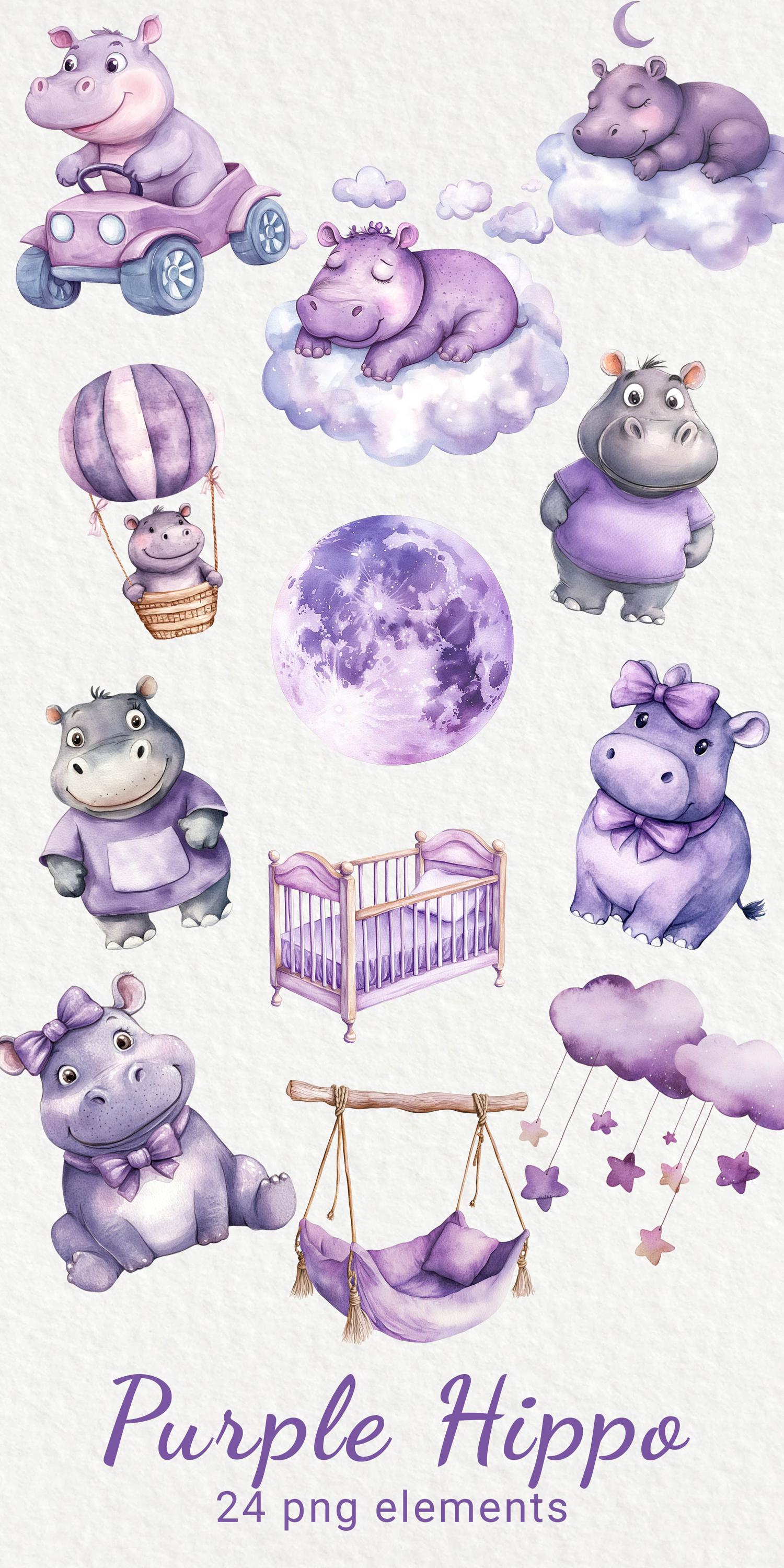 Purple Hippo Watercolor Clipart - 24 PNG Cute Safari Hippopotamus ...