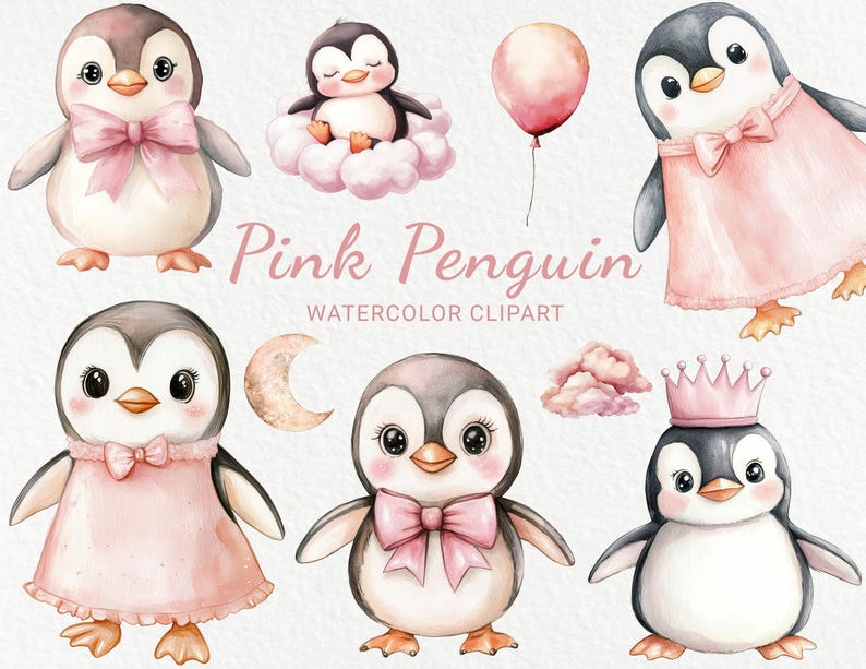 Pink Penguin Nursery Watercolor Clipart - 24 PNG Cute Pink Animals ...