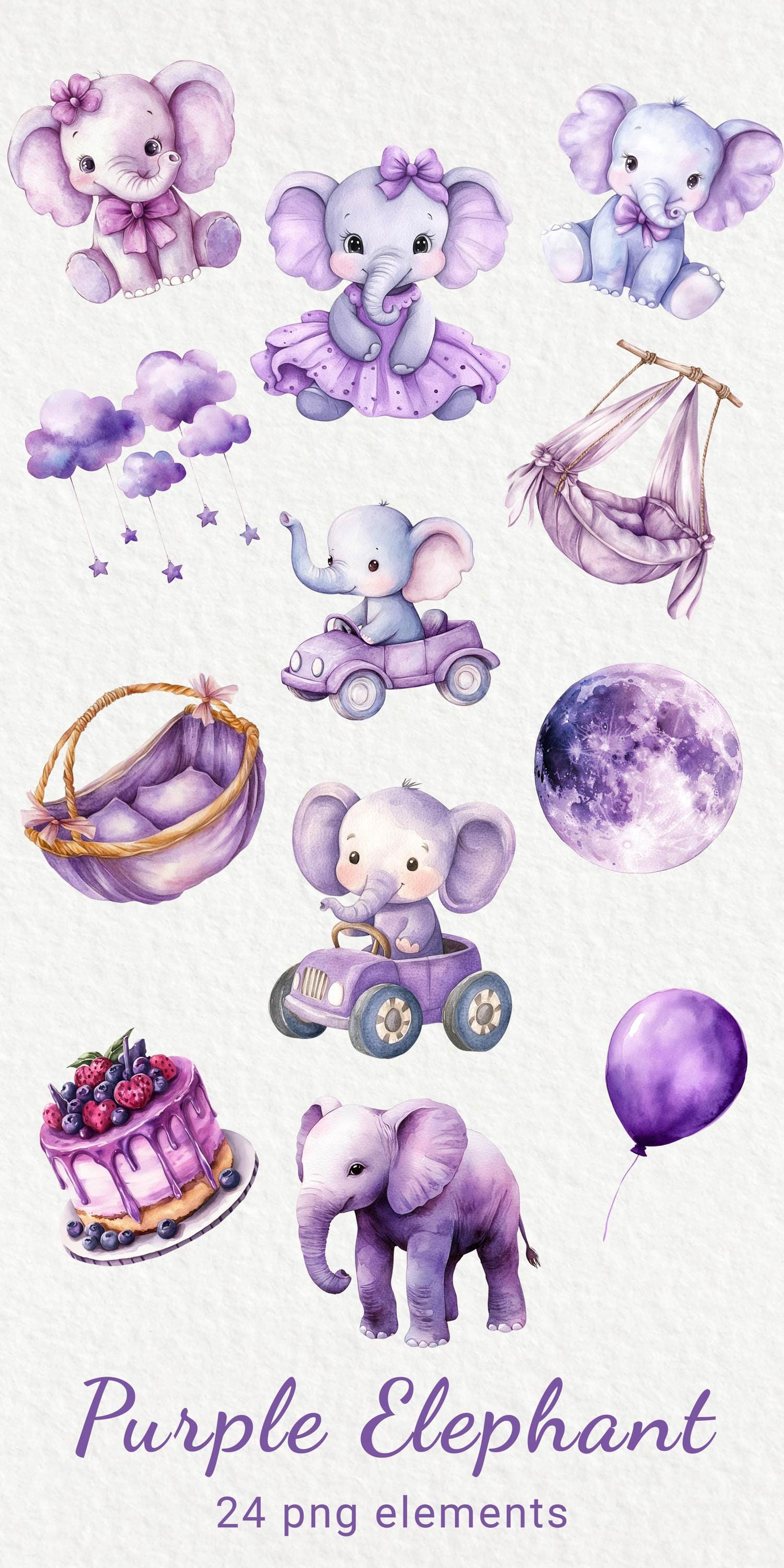 Purple Elephant Nursery Watercolor Clipart - 24 PNG Safari Animals in ...