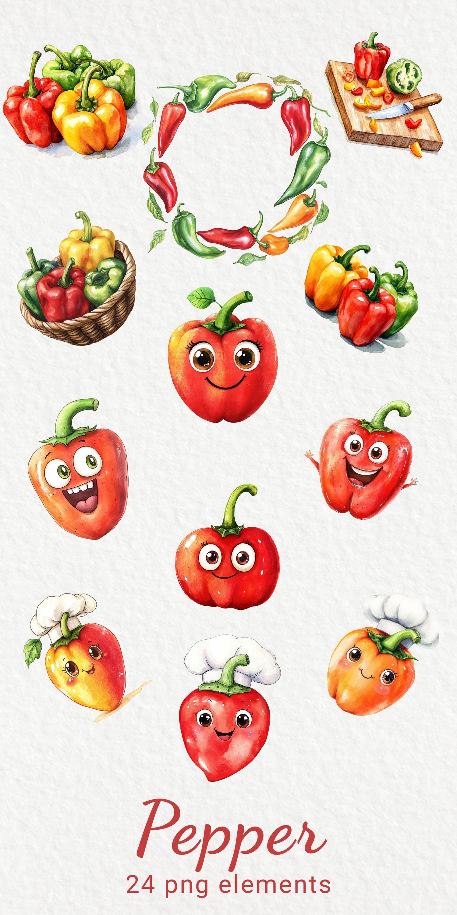 Bell Pepper Watercolor Clipart - 24 PNG Funny Pepper Illustration, Cool ...