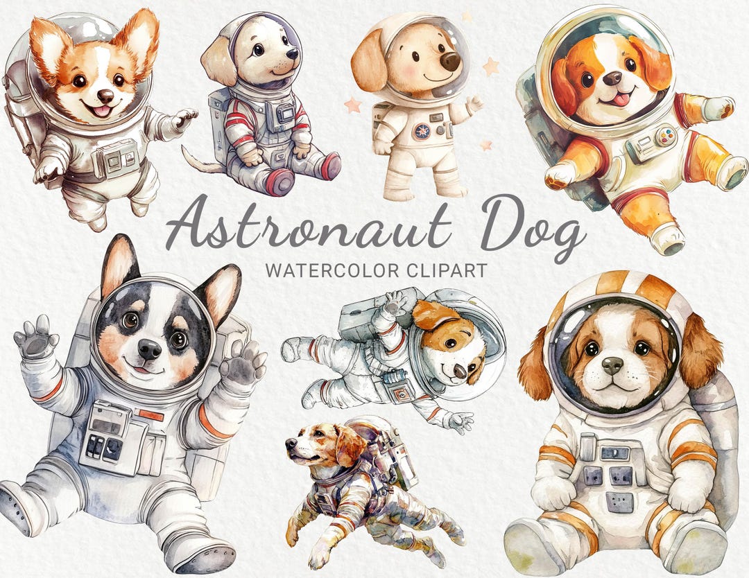 Astronaut Dog Watercolor Clipart - 24 PNG Cute Dog in Space, Nursery ...