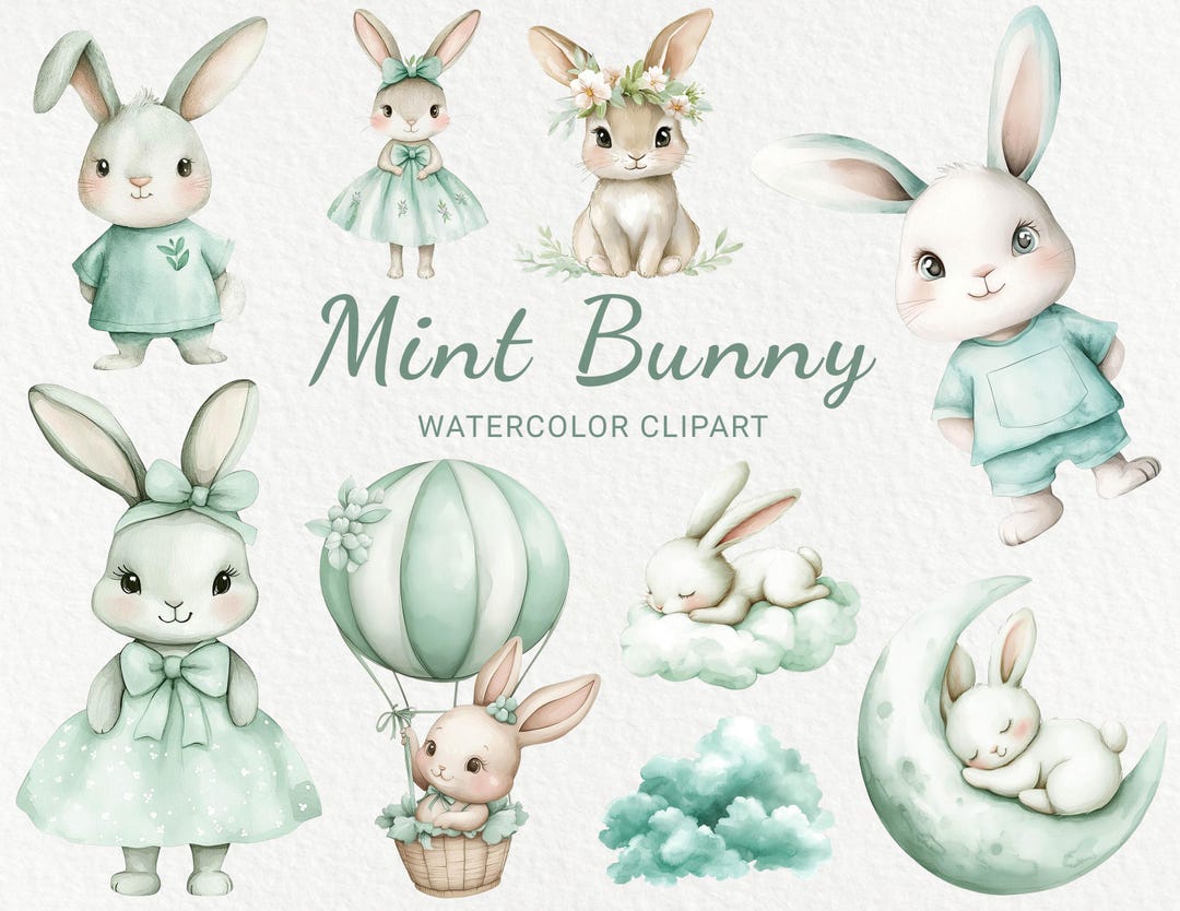 Green Bunny Nursery Watercolor Clipart - 24 PNG Cute Animals in Mint ...