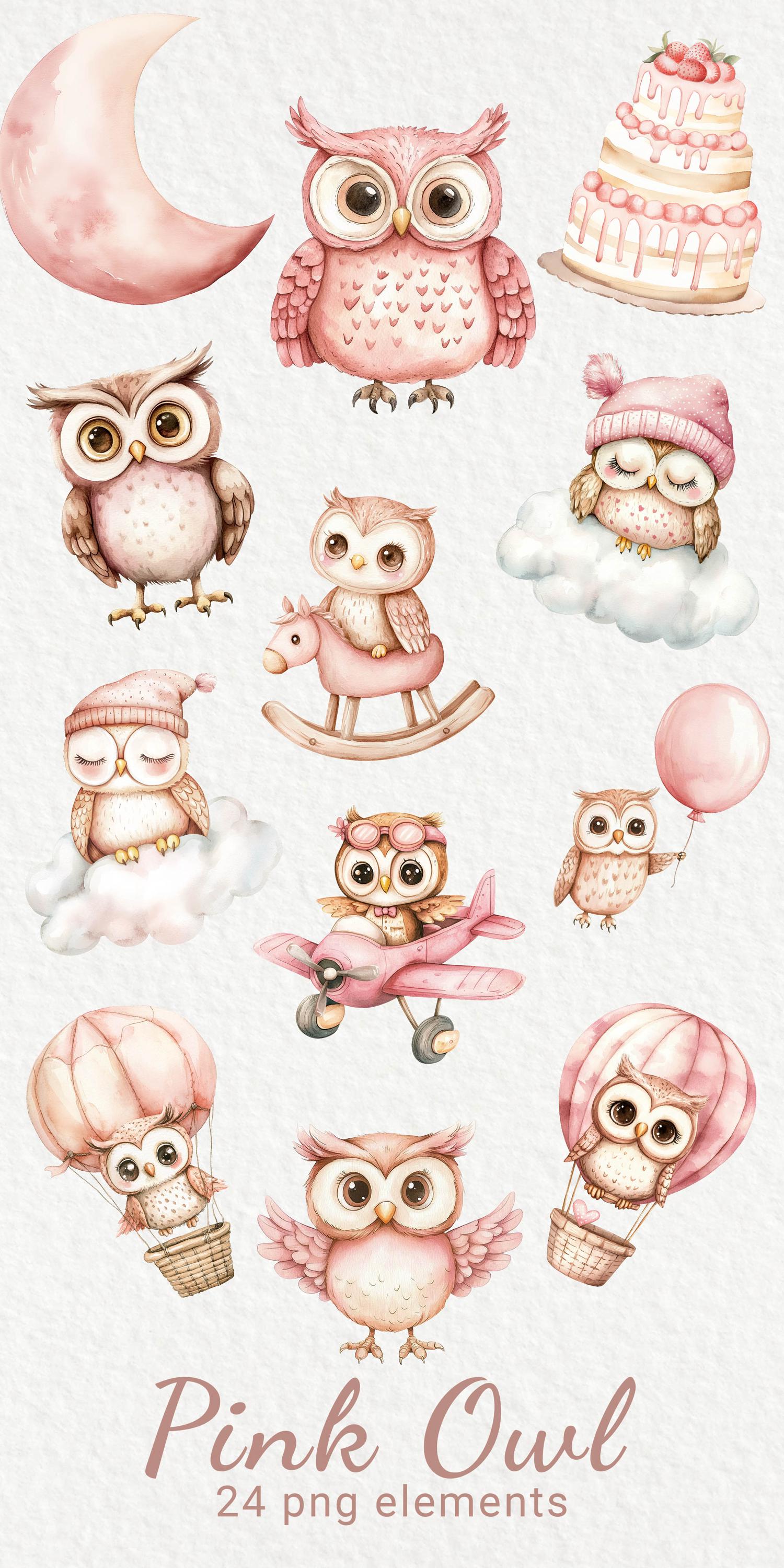 Pink Owl Nursery Watercolor Clipart - 24 PNG Cute Fairy Bird ...