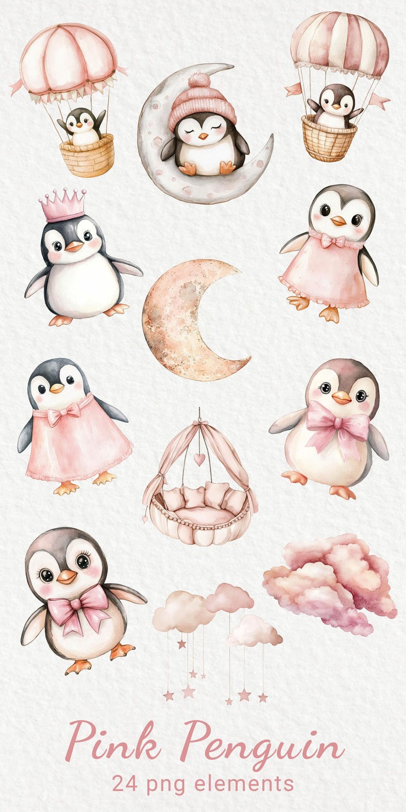 Pink Penguin Nursery Watercolor Clipart - 24 PNG Cute Pink Animals ...