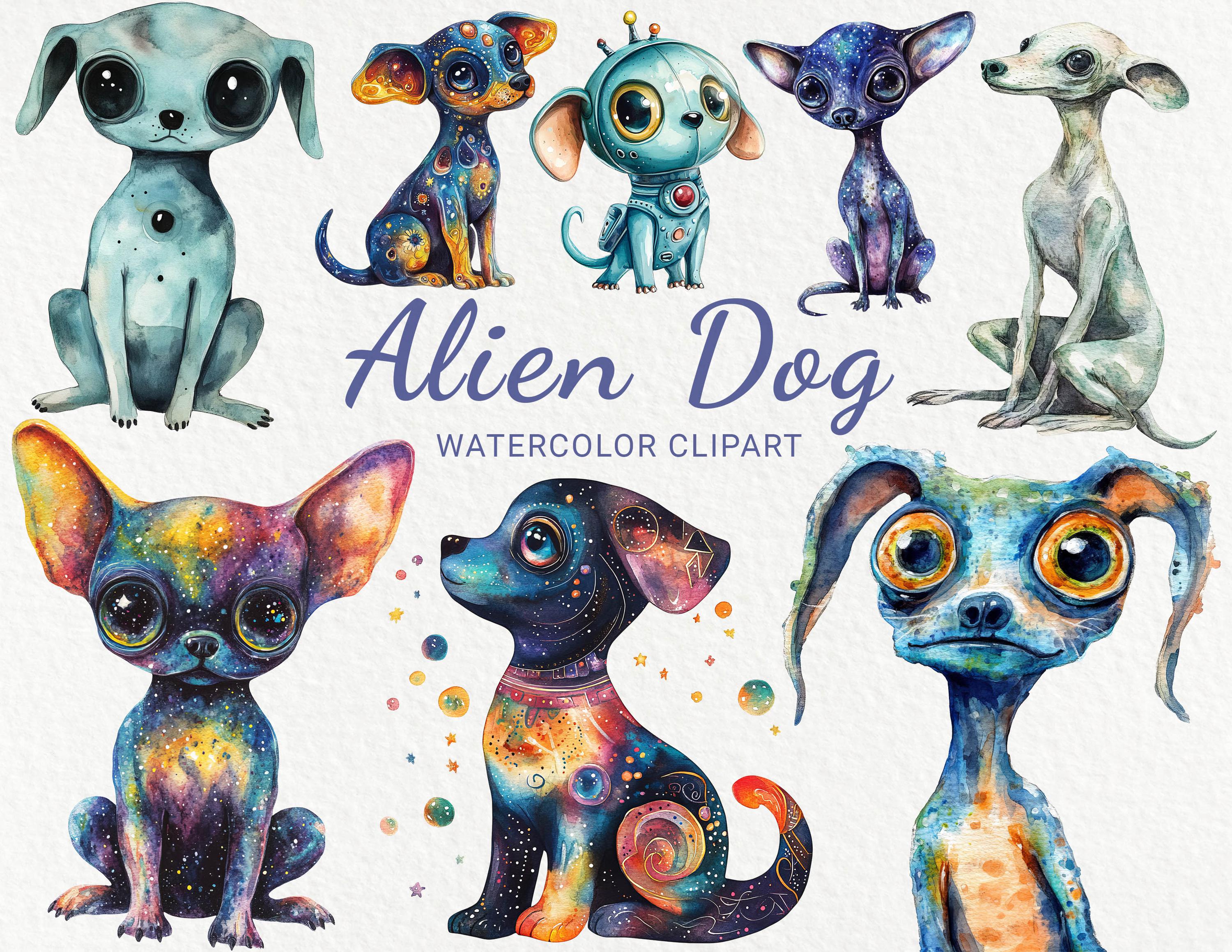 Alien Dog Clipart - 24 PNG Watercolor Whimsical Puppy, Fantastic Dog ...
