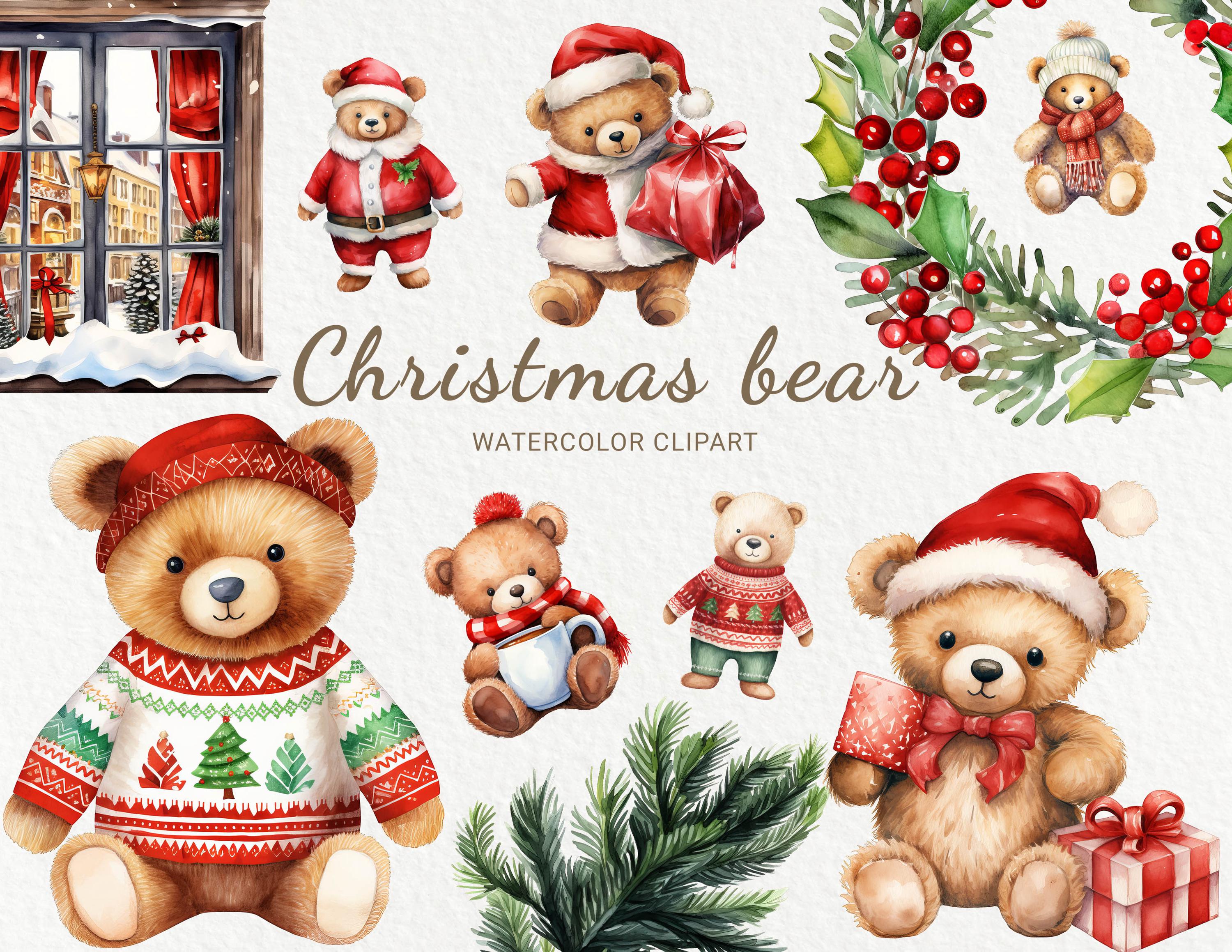 Christmas Bear Watercolor Clipart 24 PNG Winter Decor Images, Animals ...
