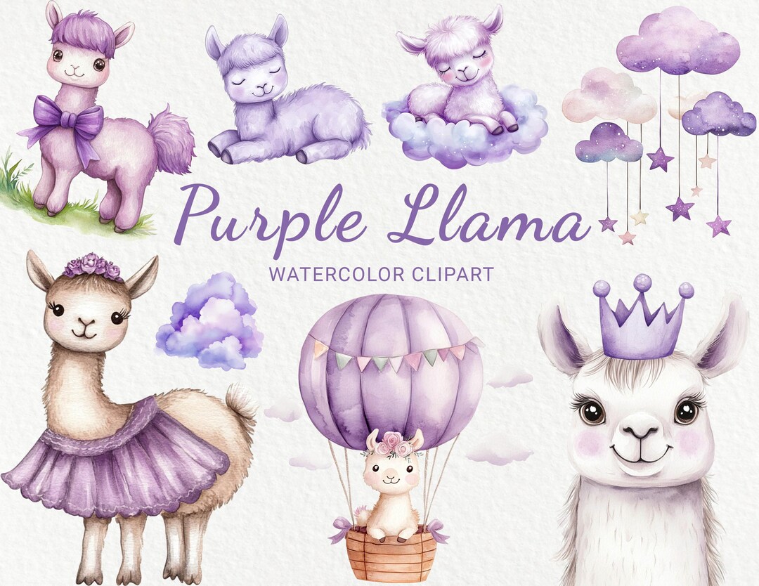 Purple Llama Watercolor Clipart - 24 PNG Cute Animal Printables, Violet ...