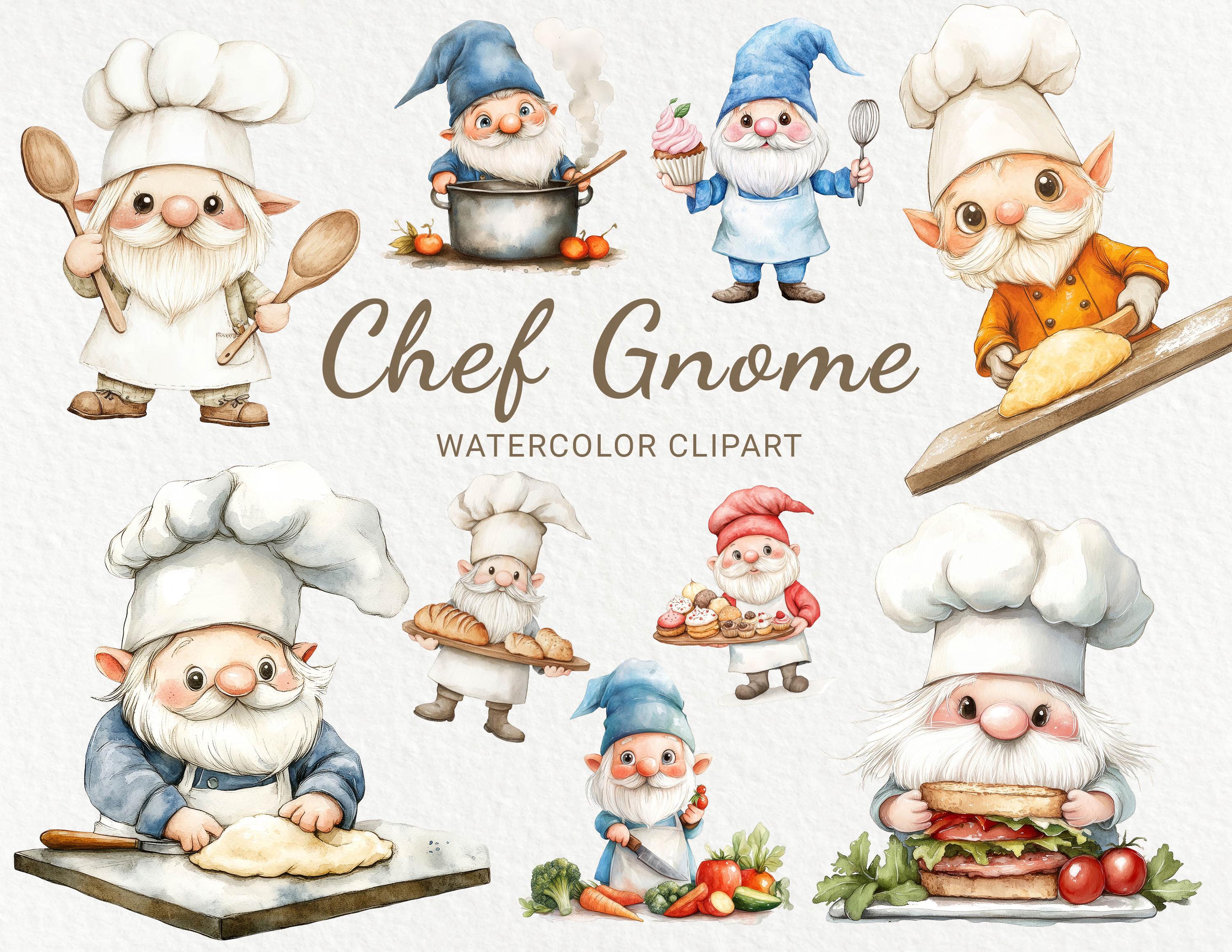 Chef Gnome Clipart - 24 PNG Watercolor Dwarf Cooking, Food-themed ...
