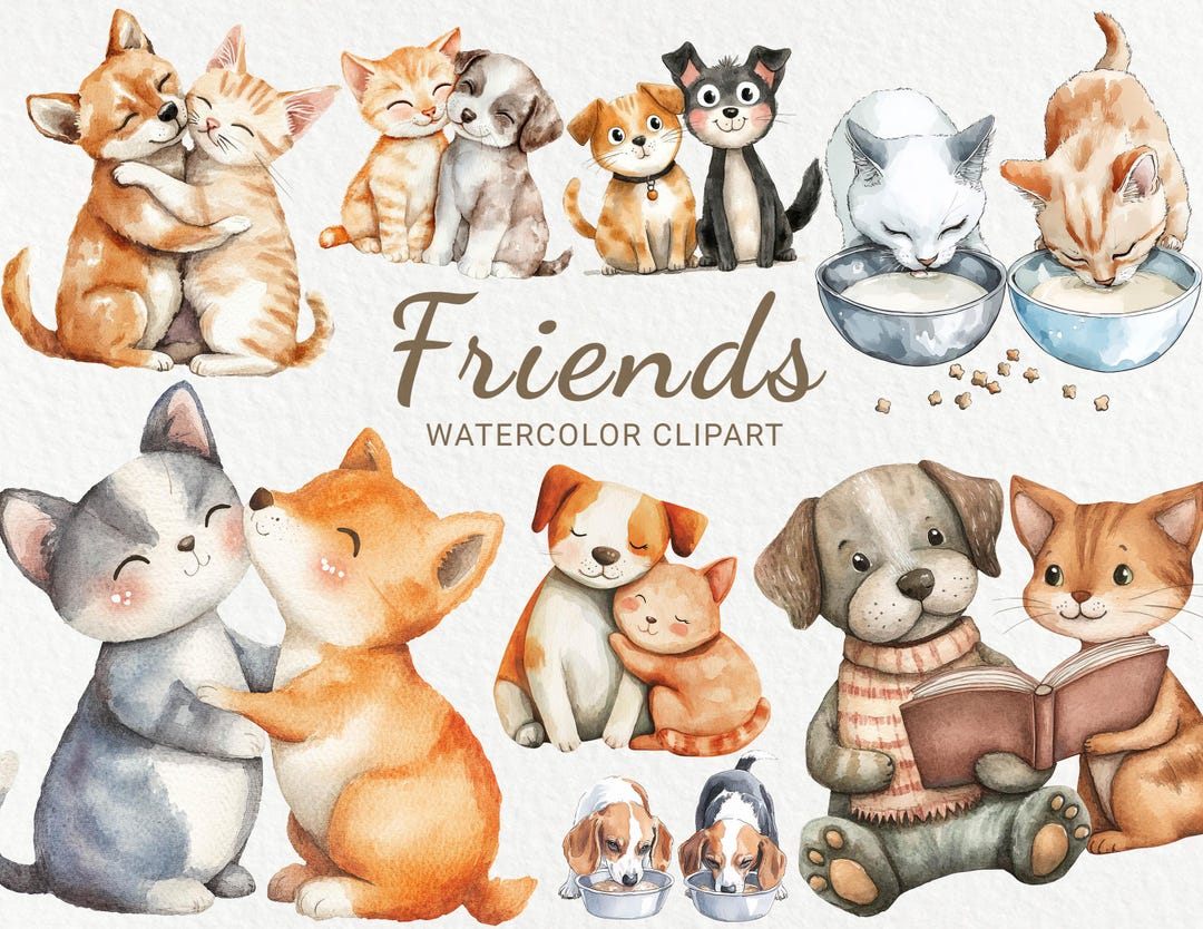 Best Friends Clipart - 24 PNG Watercolor Cat and Dog Friendship, Pet ...