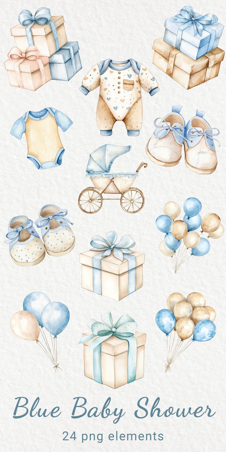 Blue Baby Shower Watercolor Clipart - 24 PNG Cute Baby Room Decor, Baby ...