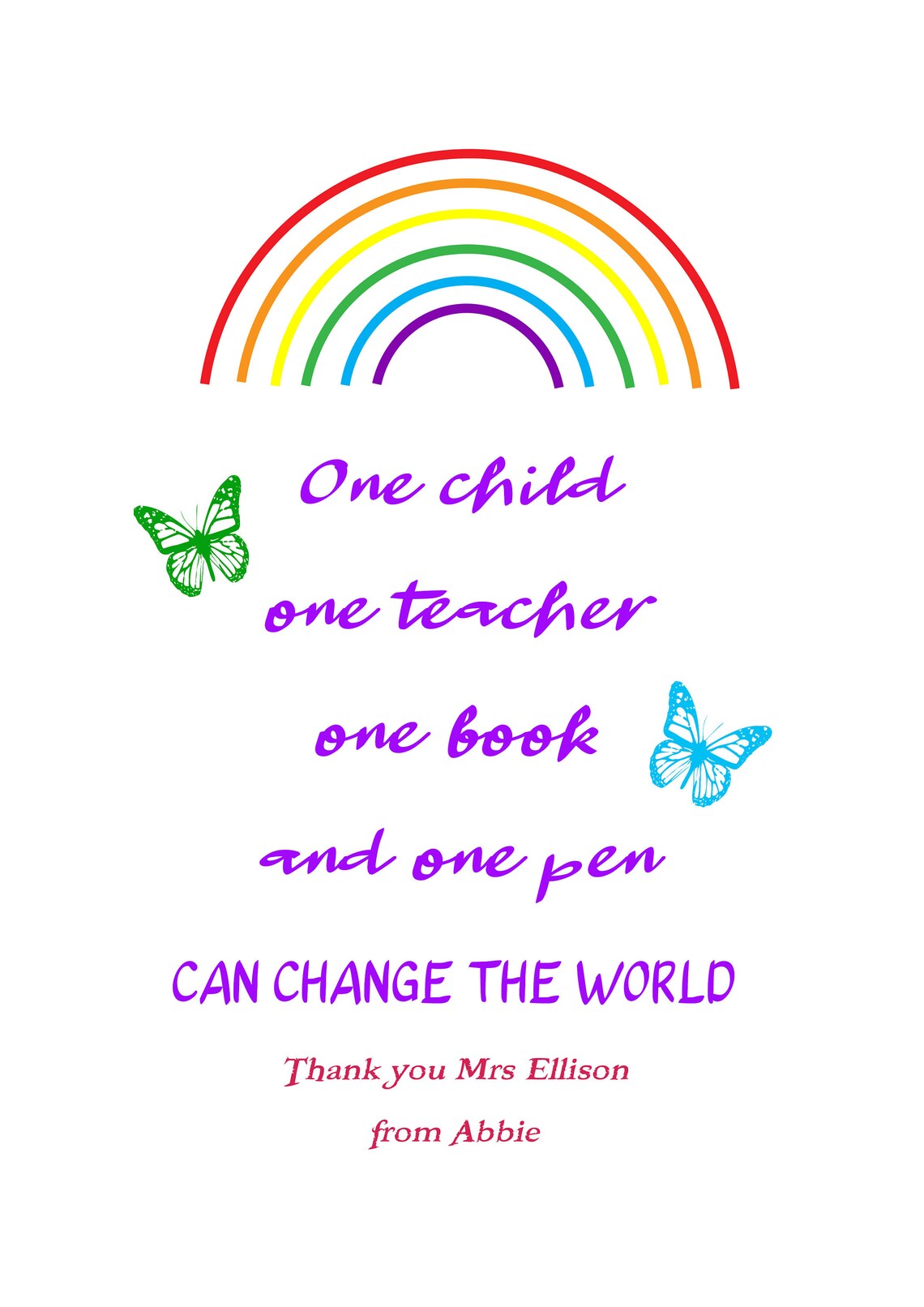 Personalised Teacher Print One Child, One Teacher, One Book and One Pen ...