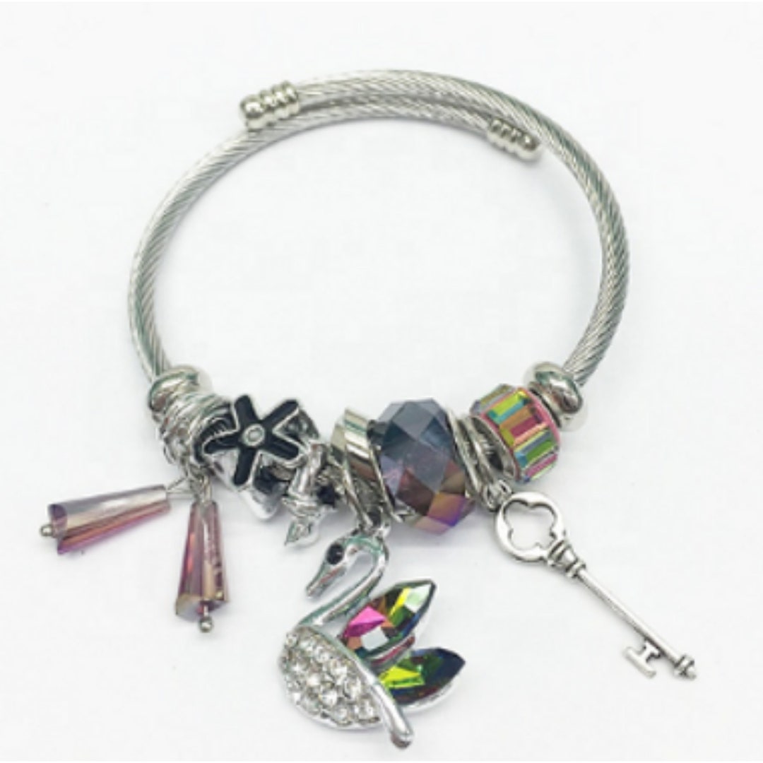 Iridescent Pandora Inspired Swan Boho Charm Bracelet Bangle - Etsy