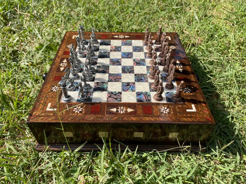 Handmade Crusader Chess Set, Mother of Pearl Motifs Inlay, Historical ...