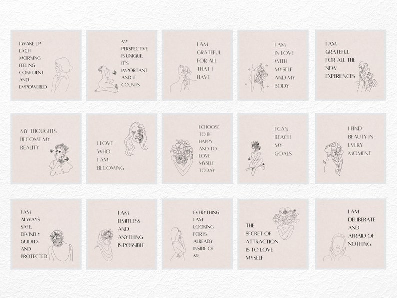BUNDLE 32 Neutral Printable Affirmation Cards, Line Art, Affirmation ...
