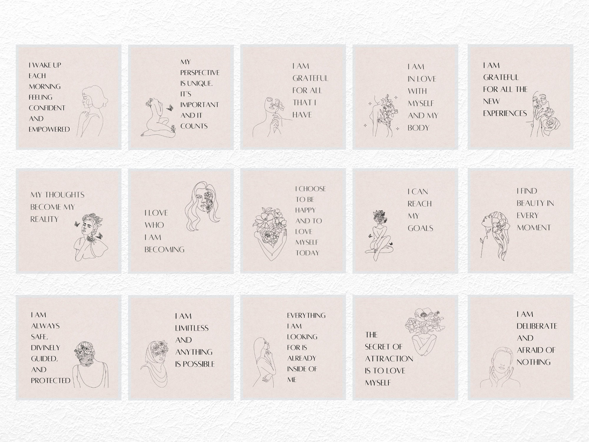 BUNDLE 32 Neutral Printable Affirmation Cards, Line Art, Affirmation ...