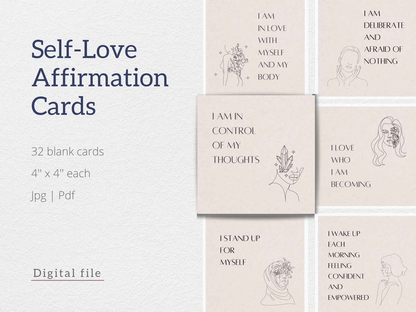 BUNDLE 32 Neutral Printable Affirmation Cards, Line Art, Affirmation ...